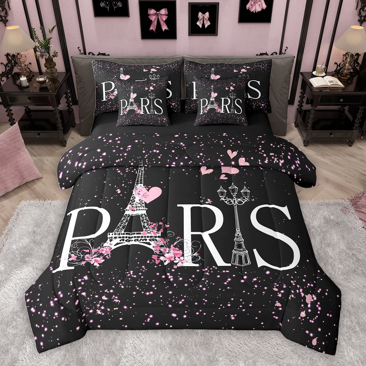 Homewish Paris Eiffel Tower Bedding Comforter Set 7pcs, Romantic Bling ...