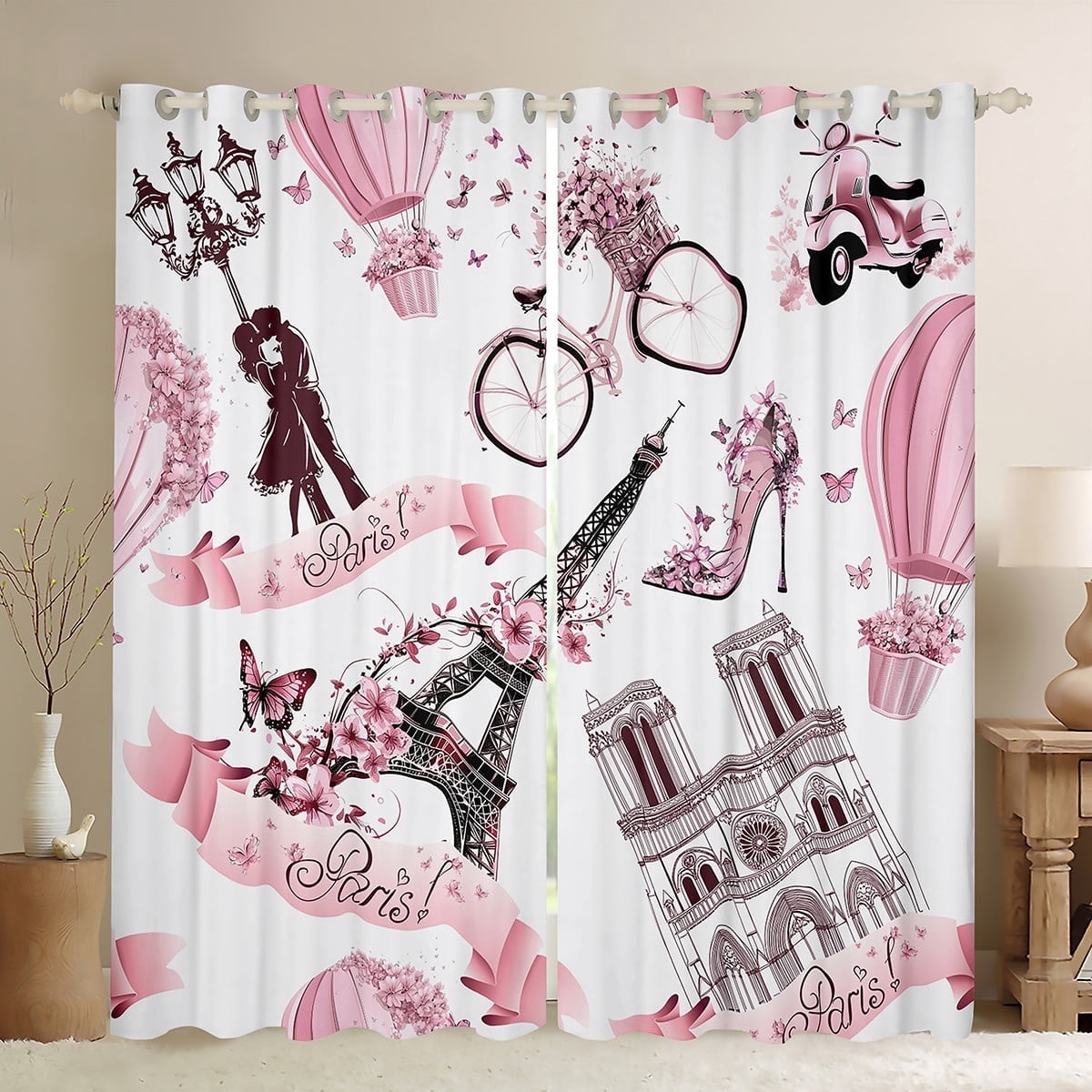 Manfei Paris Eiffel Tower Curtains and Drapes,Pink Butterflies Flower ...