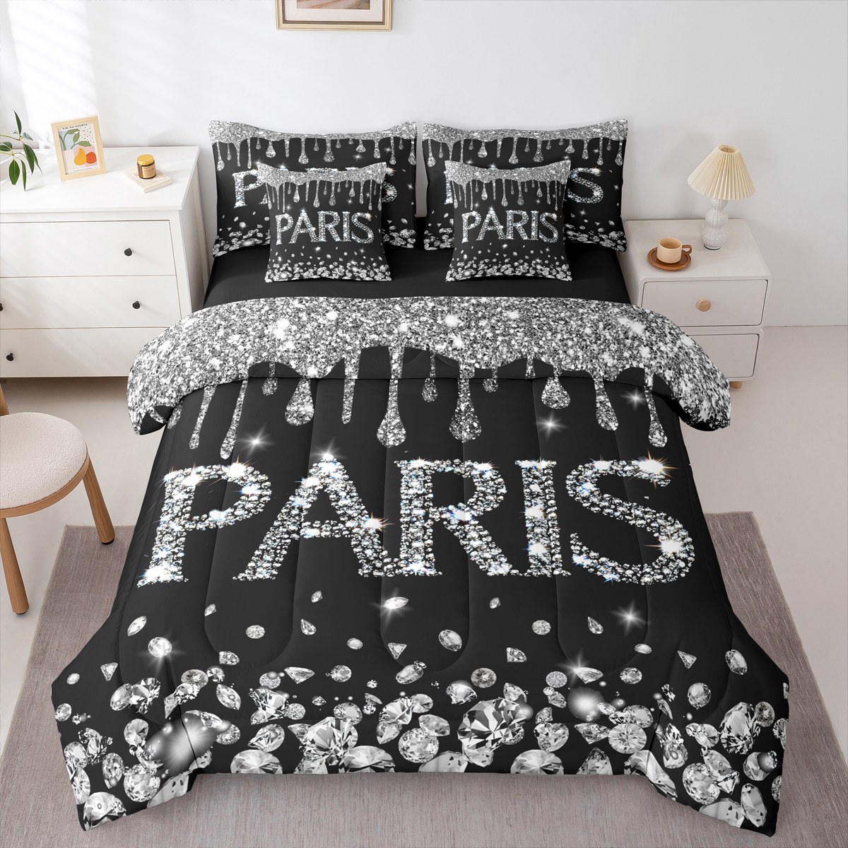 Manfei Paris Sequin Print Bedding Comforter Set 7-Piece,Romance Eiffel ...
