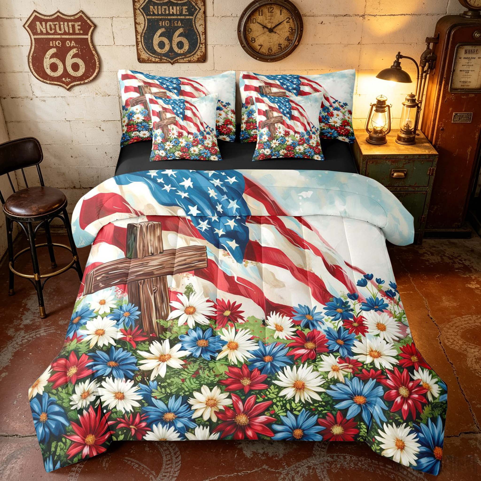Manfei Patriotic Floral Cross Twin Bedding, USA Flag Daisy Bedding ...