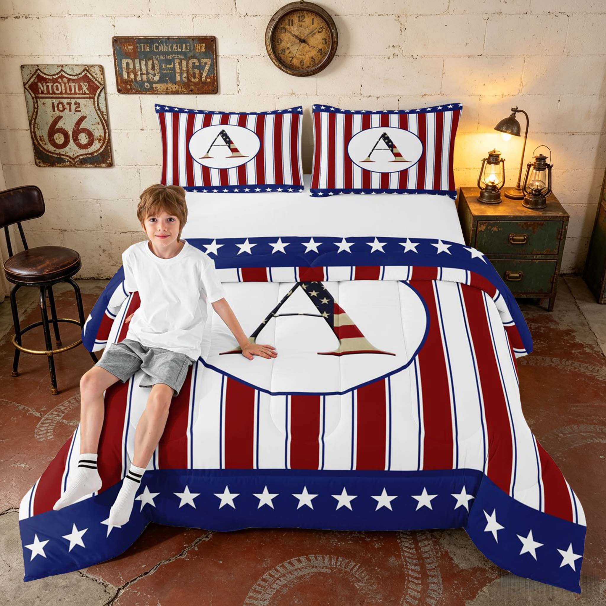 Manfei Patriotic Monogrammed A Queen Comforter Set, Star Stripe Pattern ...