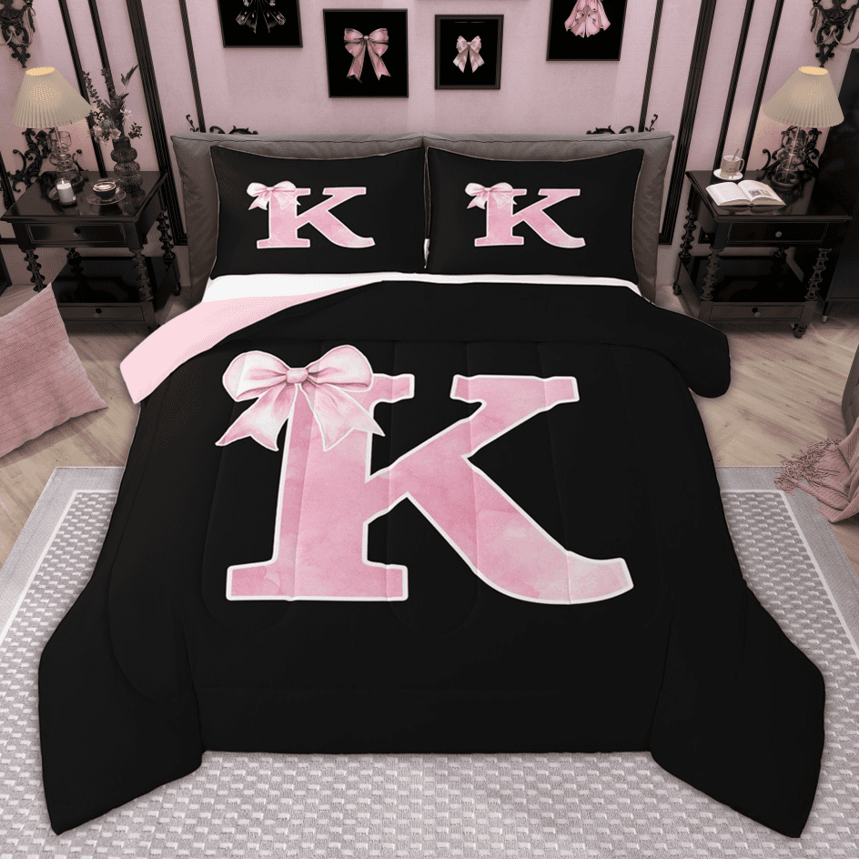 Manfei Personalized Initial K Bedding Comforter Set for Girls, Pink Bow ...