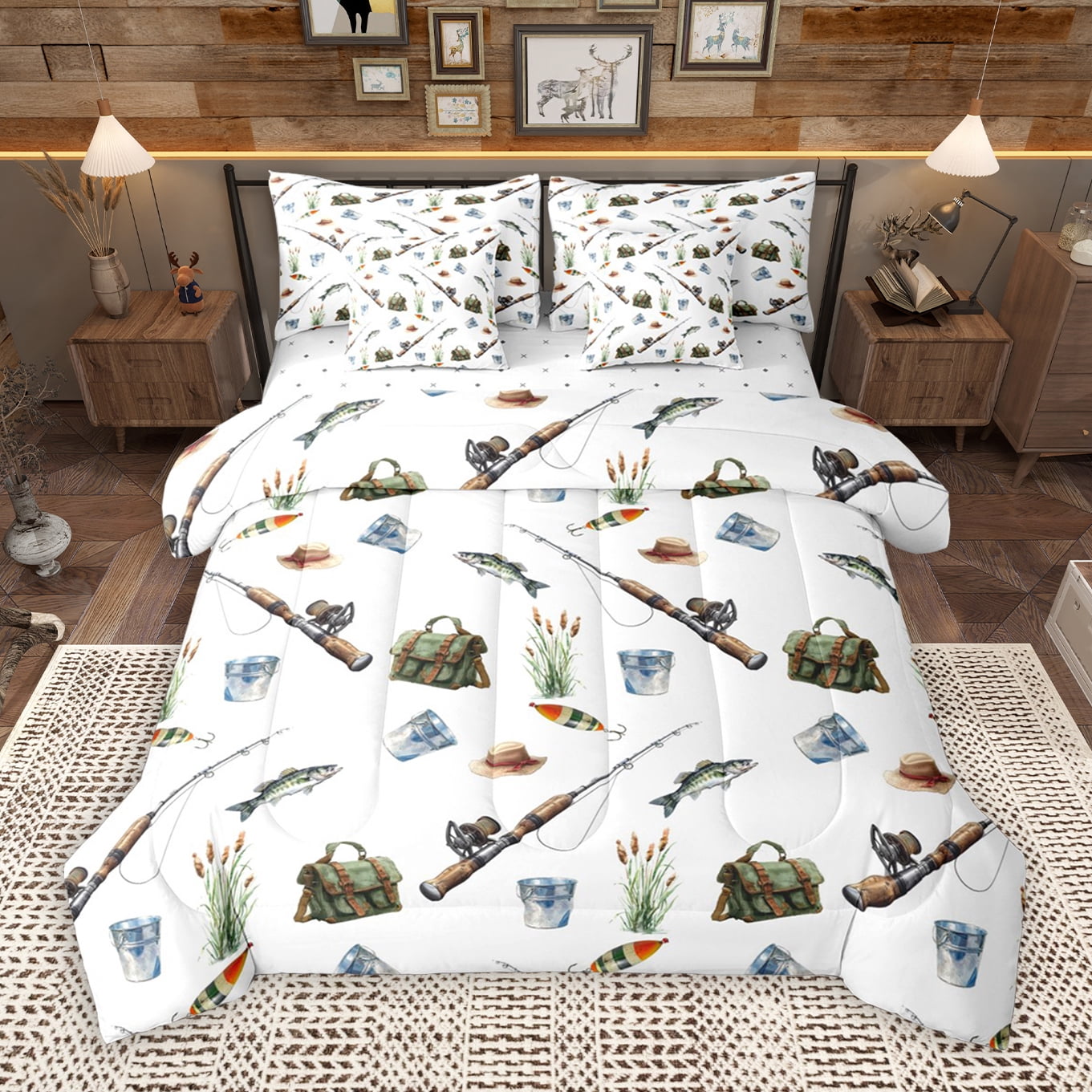 Manfei Pike Fish 7pcs Bedding Comforter Set,Outdoor Fishing Hook Queen ...