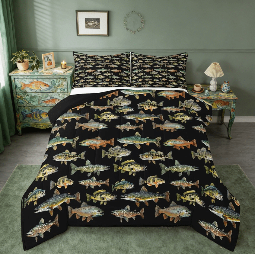 Manfei Pike Fish Full Size Comforter Sets,Vintage Fishing Bedding Sets ...