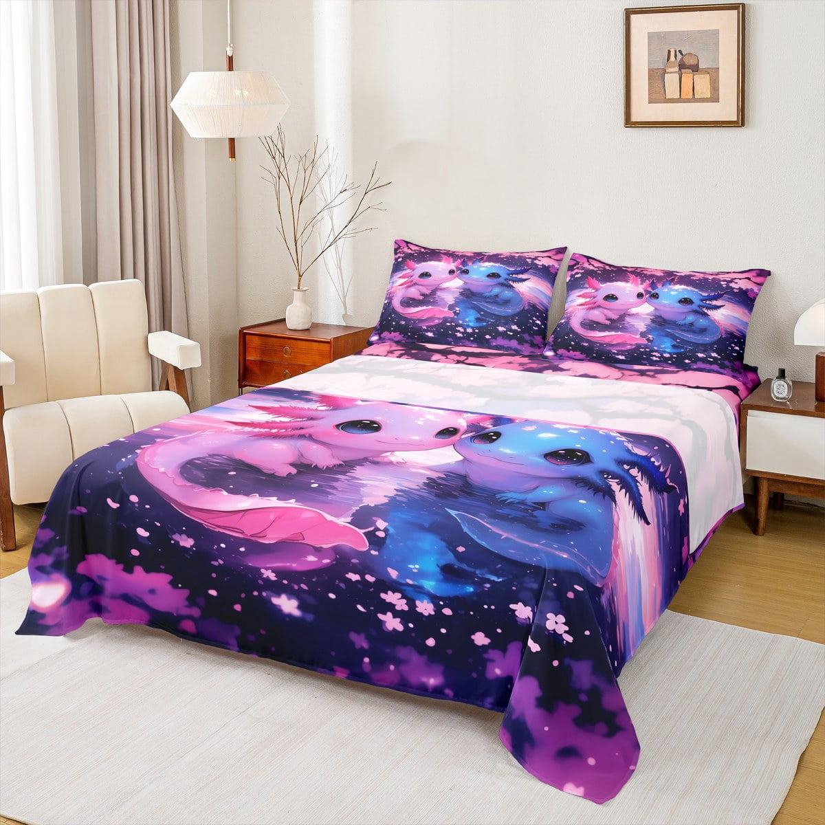 Manfei Pink Axolotl 4pcs Bed Sheets,Cherry Blossom King Sheets,Cartoon ...