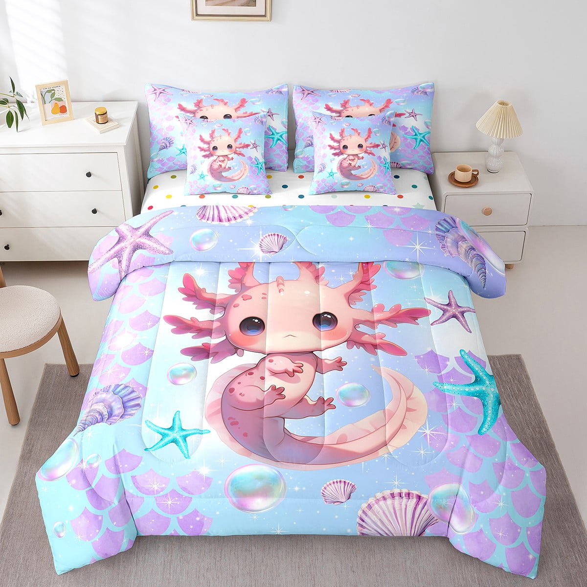 Manfei Pink Axolotl Bed in a Bag Full size, Purple Fish Scale Bed Set ...