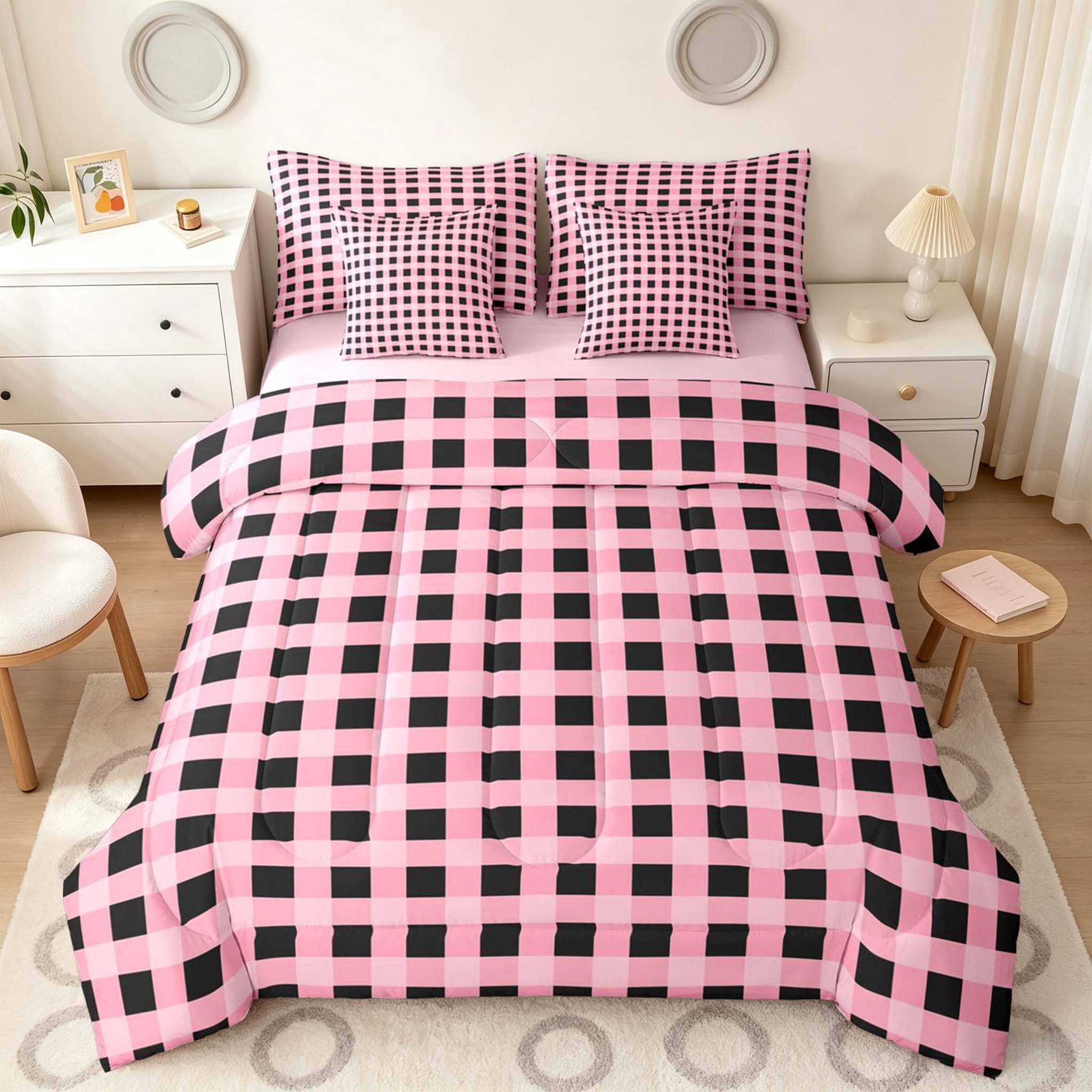Manfei Pink Black Gingham Full Size Bedding Sets, Check Full Size Bed ...