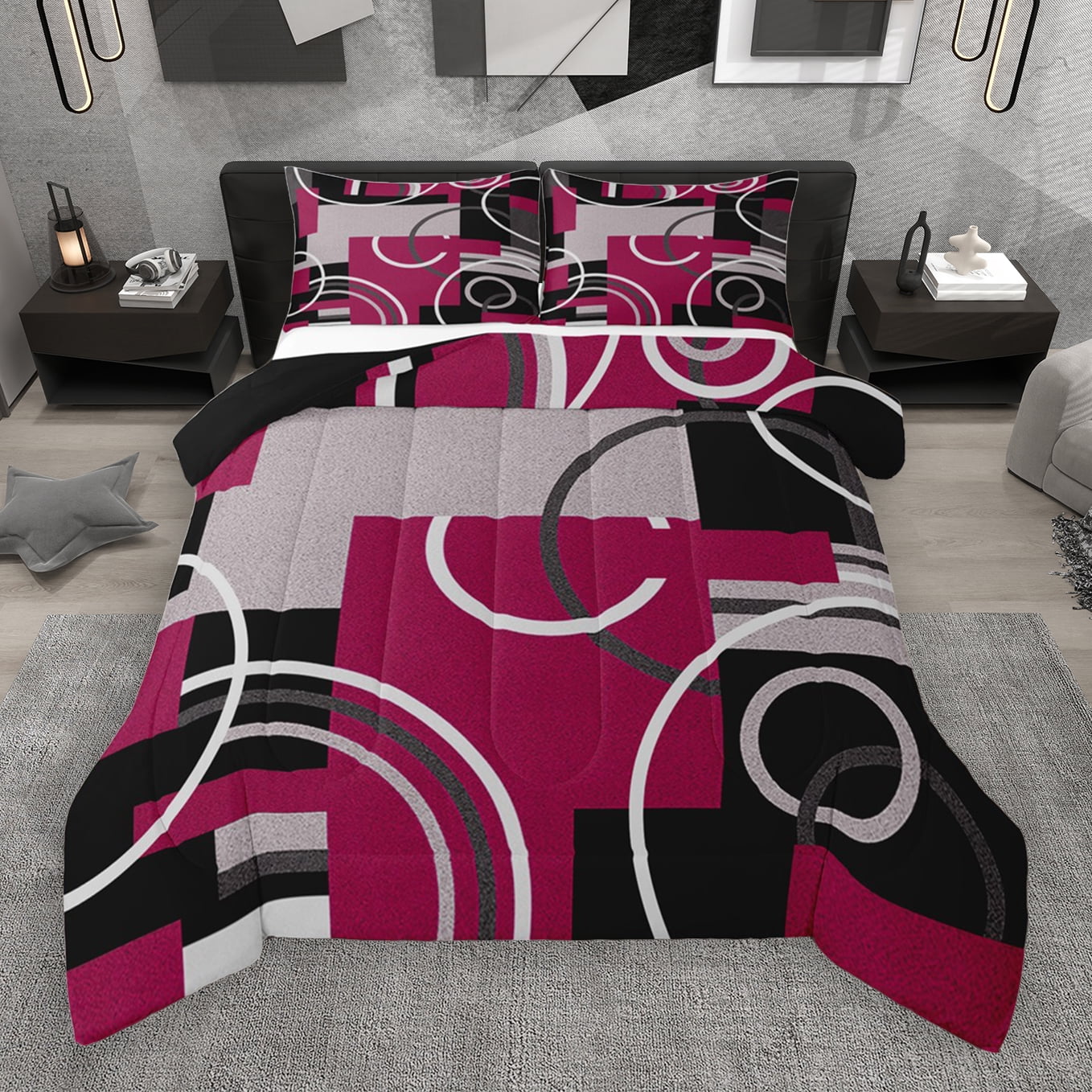 Manfei Pink Black Gray Full Size Comforter Sets,Modern Minimalist ...