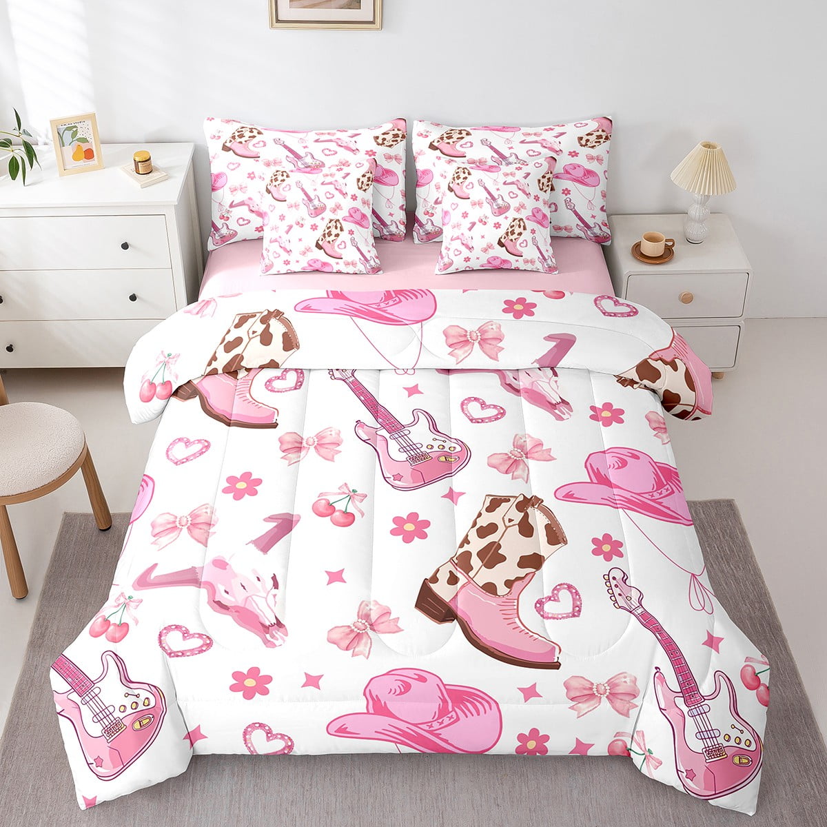 Manfei Pink Boot Hat Bedding Sets Twin Size, Princess Cowgirl Bed in a ...
