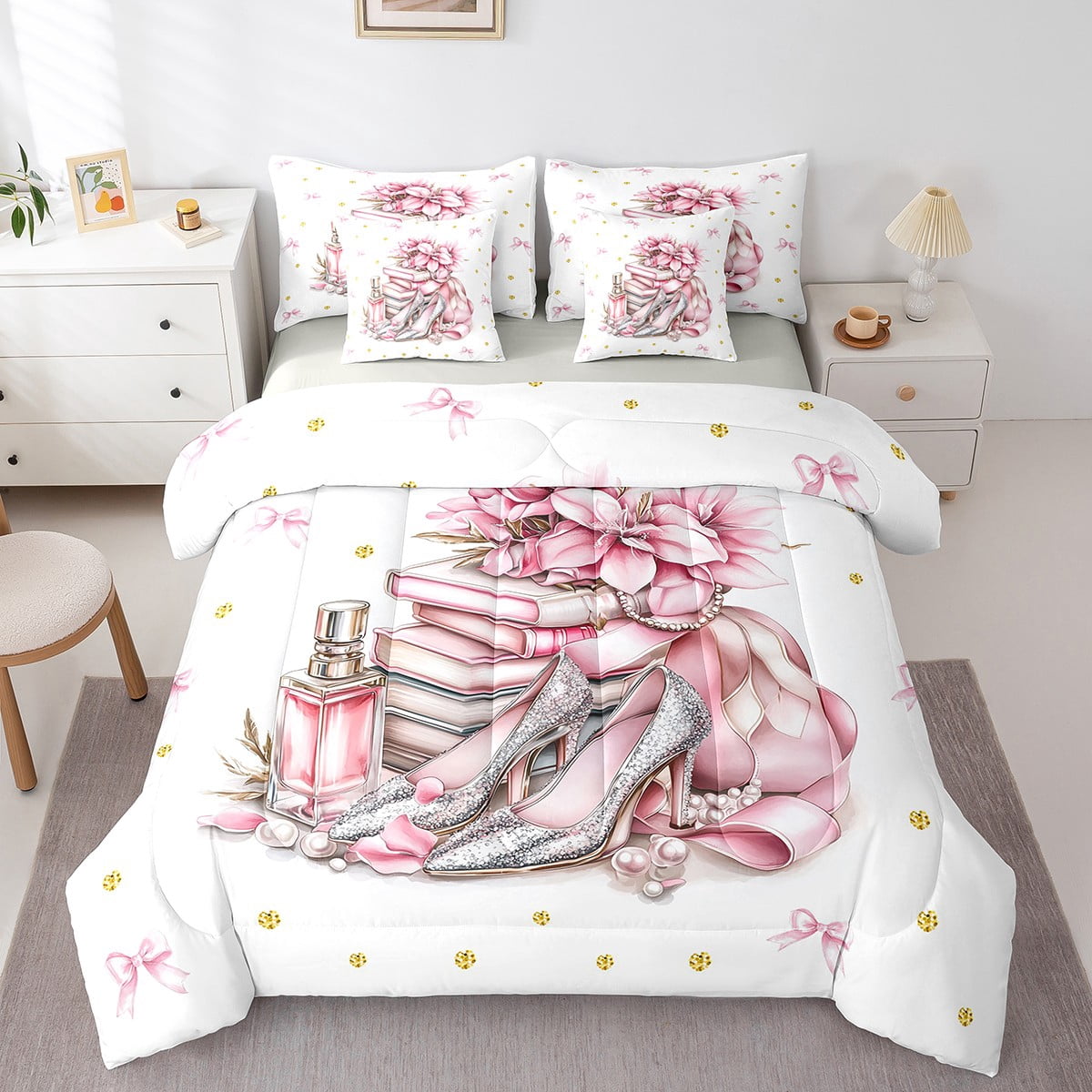 Manfei Pink Bow 7pcs Bedding Comforter Set,Polka Dots Queen Bedding ...