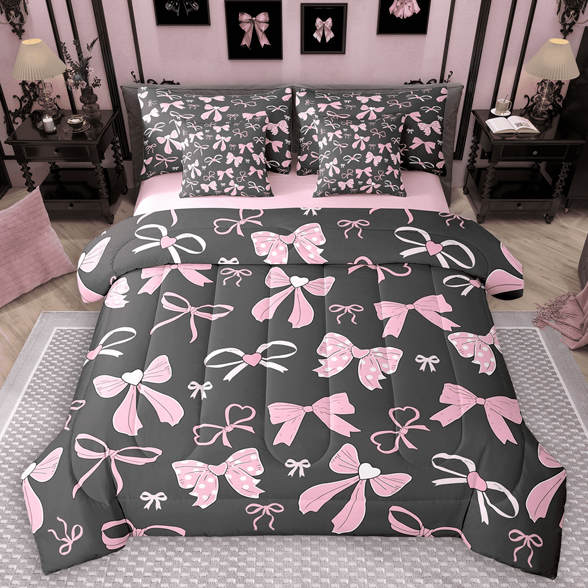 Manfei Pink Bow Tie Bedding Comforter Set 7 Pieces for Kids Girls ...
