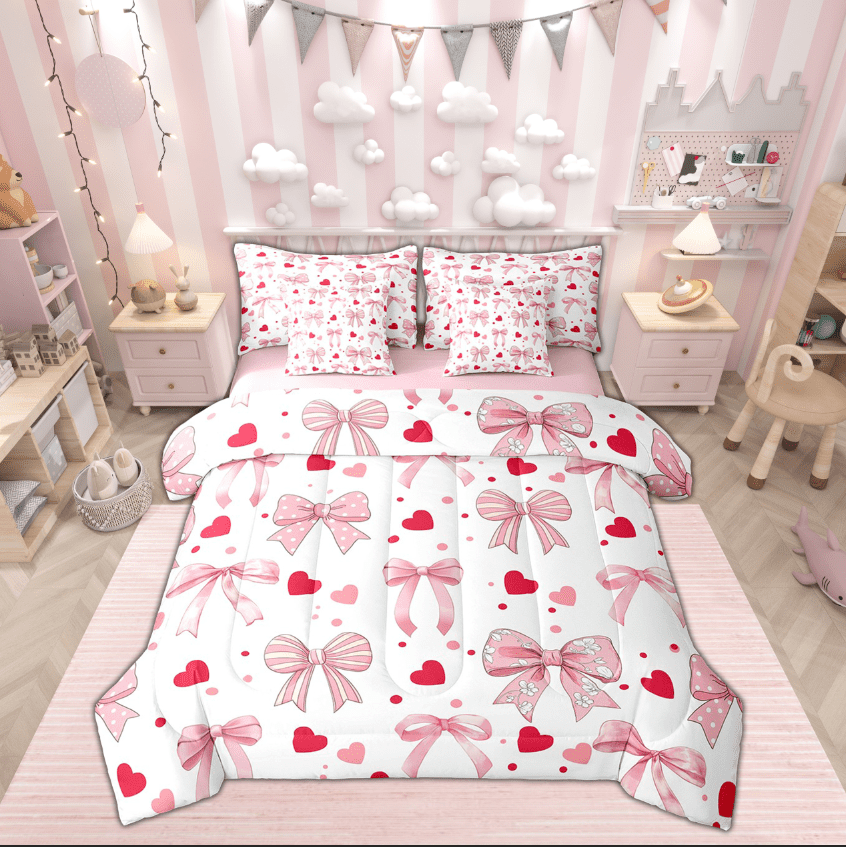 Manfei Pink Bow-tie Bedding Full Size, Vintage Cartoon Bow Bedding Sets ...