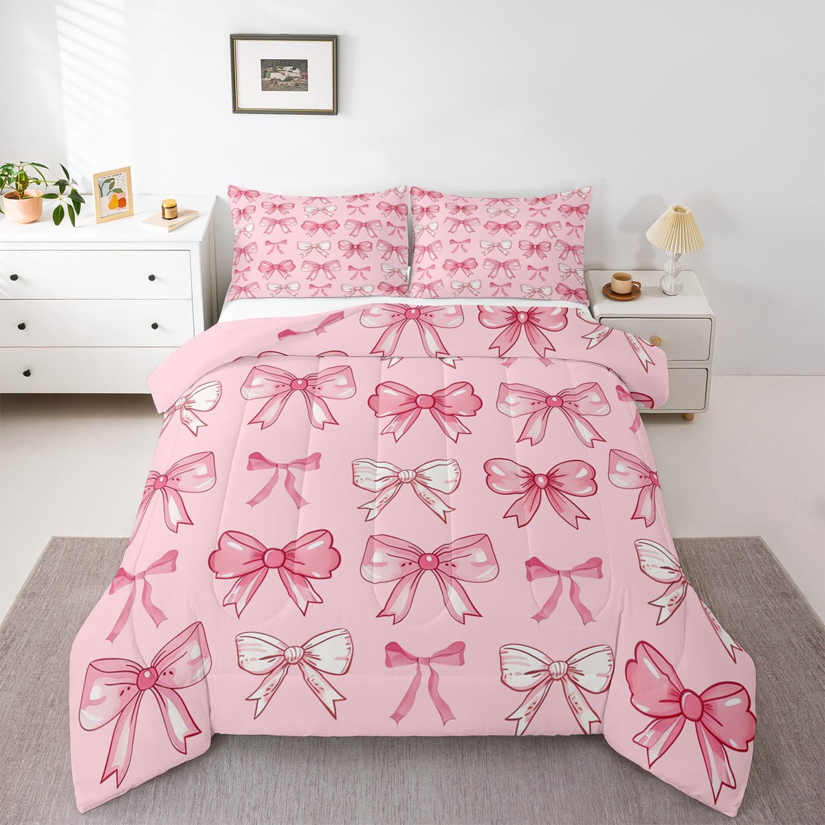 Manfei Pink Bow-tie Girl Queen Comforter Set, Kawaii Bowknot Ribbon ...