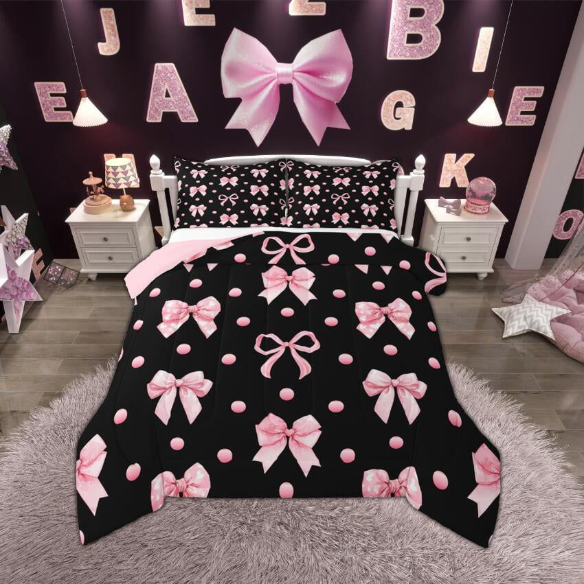 Manfei Pink Bowknot Queen Comforter Set for Girls, Kawaii Bow Knot ...
