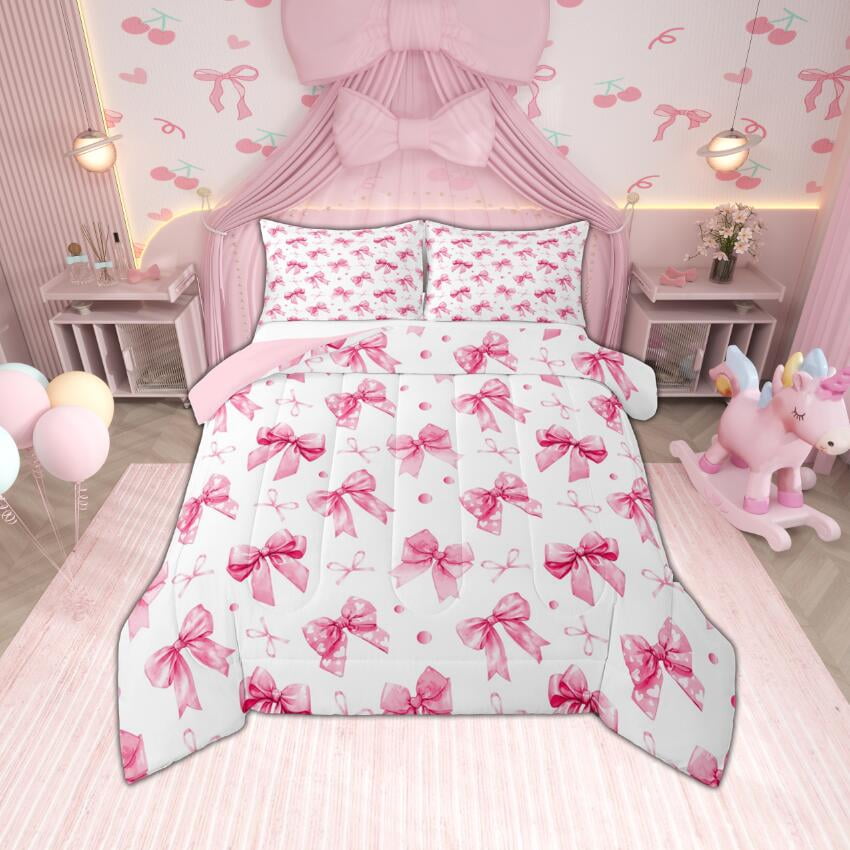 Manfei Pink Bowtie Girl Bedding Comforter Set, Princess Bowknot Ribbon ...
