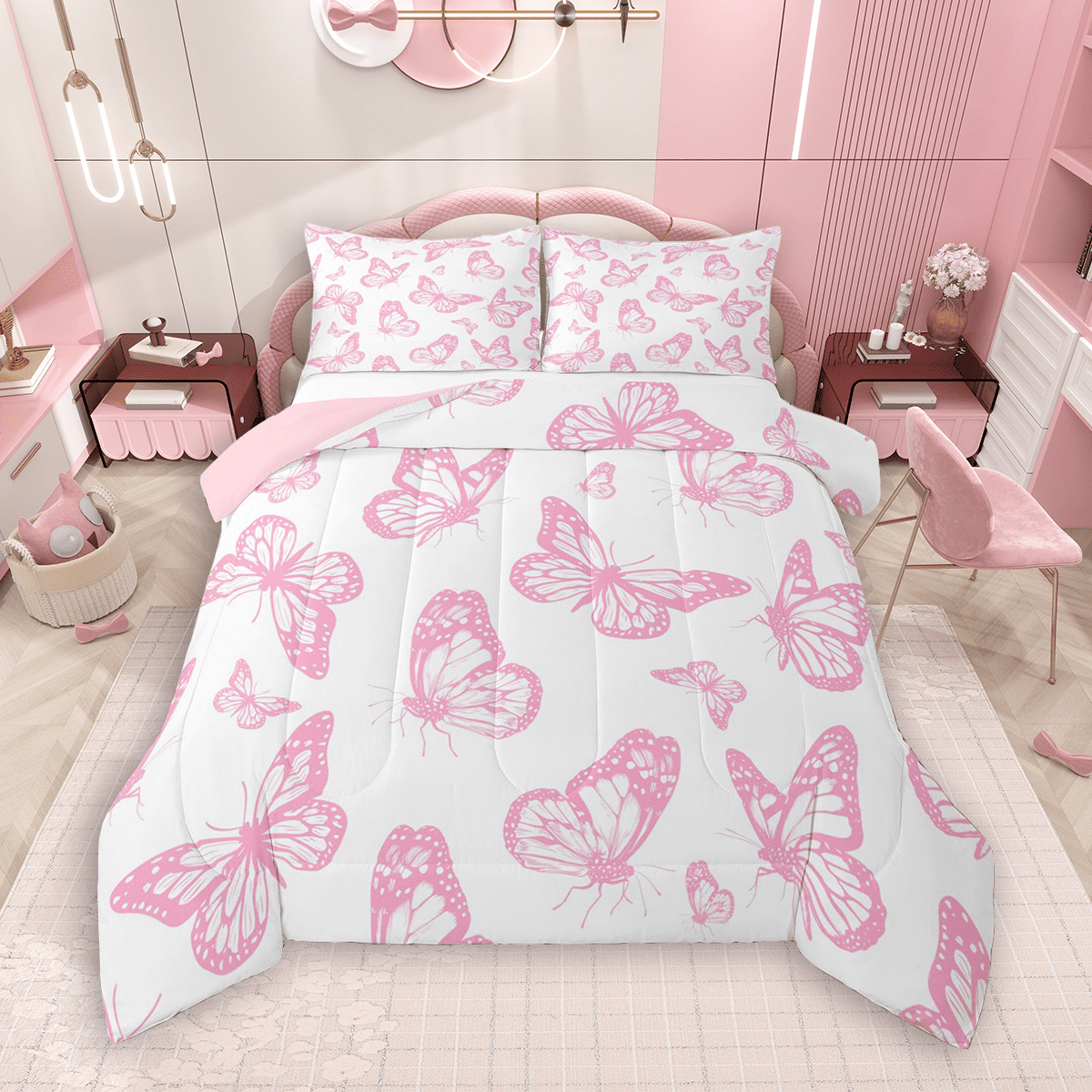 Manfei Pink Butterfly Queen Comforter Set 3 Pieces for Girls, Animal ...