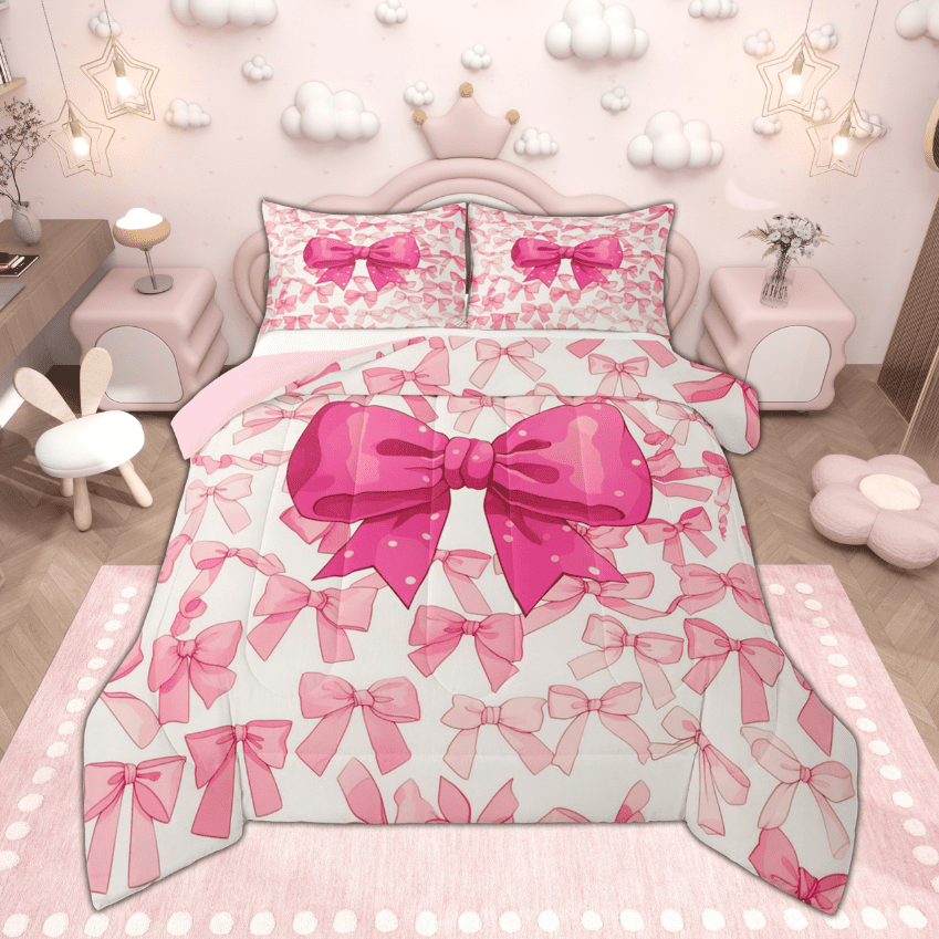 Manfei Pink Cartoon Bow Bedding Comforter Set for Princess, Kawaii ...