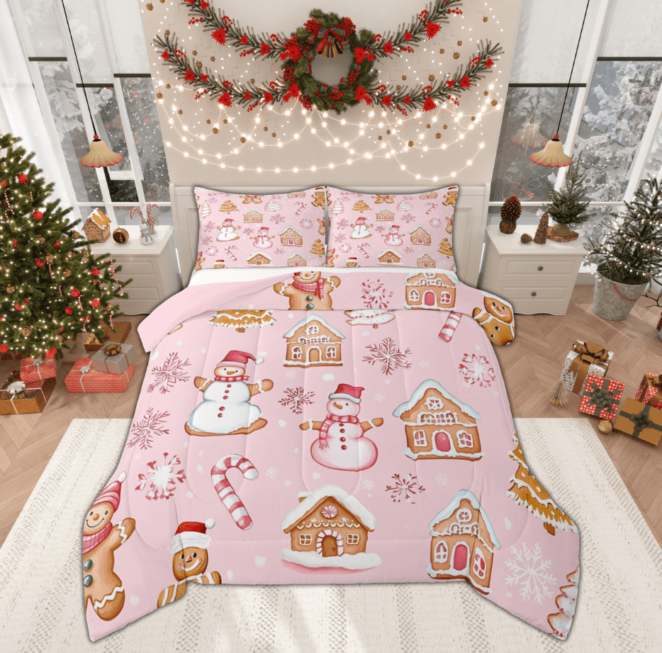 Manfei Pink Cartoon Snowman Bedding Comforter Set, Christmas Rustic ...