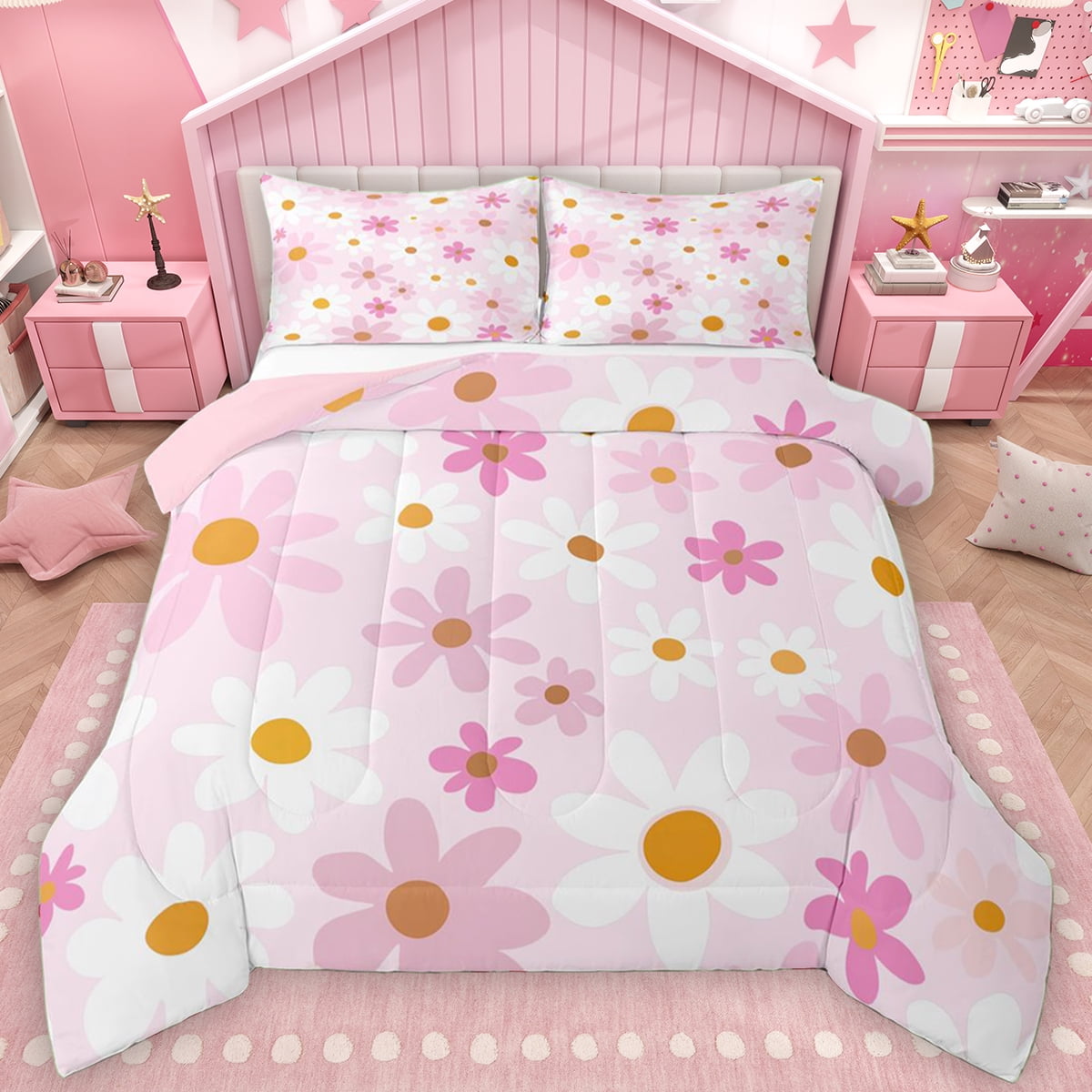 Manfei Pink Cherry Blossoms Bedding Comforter Set, Kawaii Cute Cartoon ...