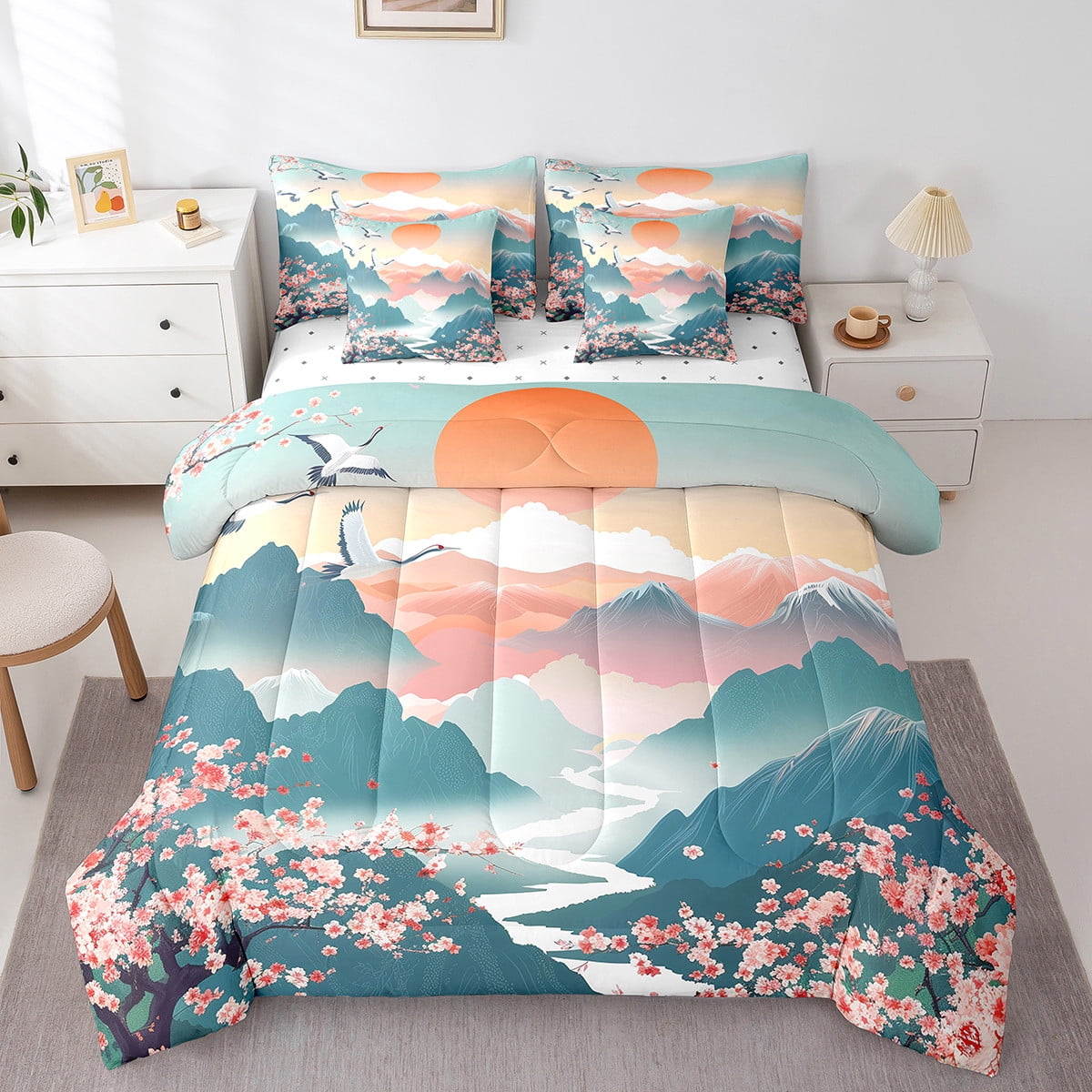 Manfei Pink Cherry Blossoms Bedding Sets King Size,Japanese Ukiyoe ...