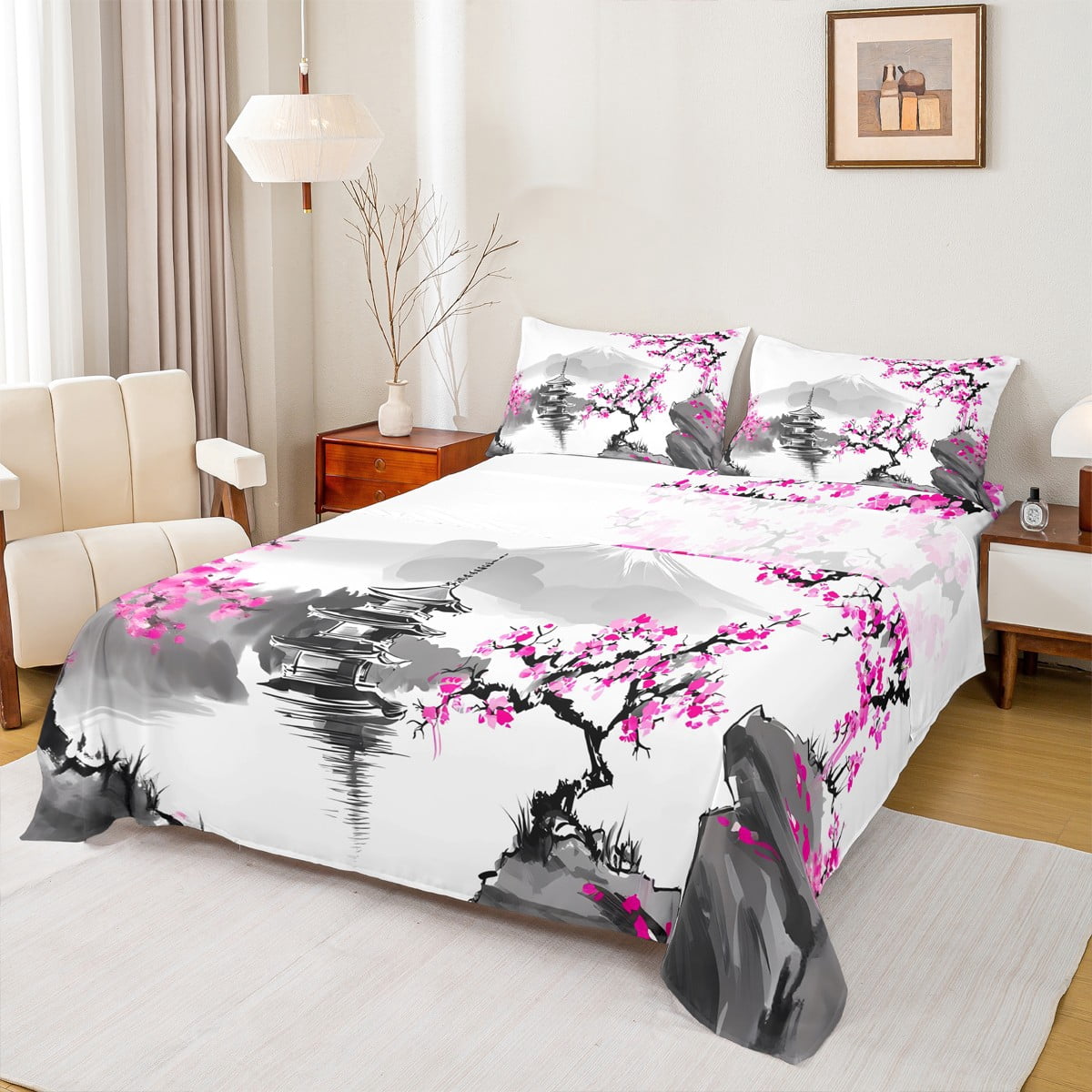 Manfei Pink Cherry Blossoms Queen Sheet Sets 4 Pieces, Japanese ...