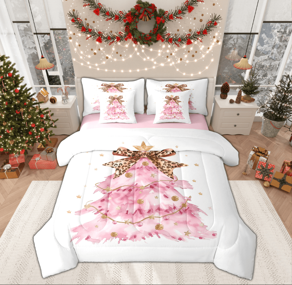 Manfei Pink Christmas Tree Bedding Comforter Set 7-Piece for Kids ...