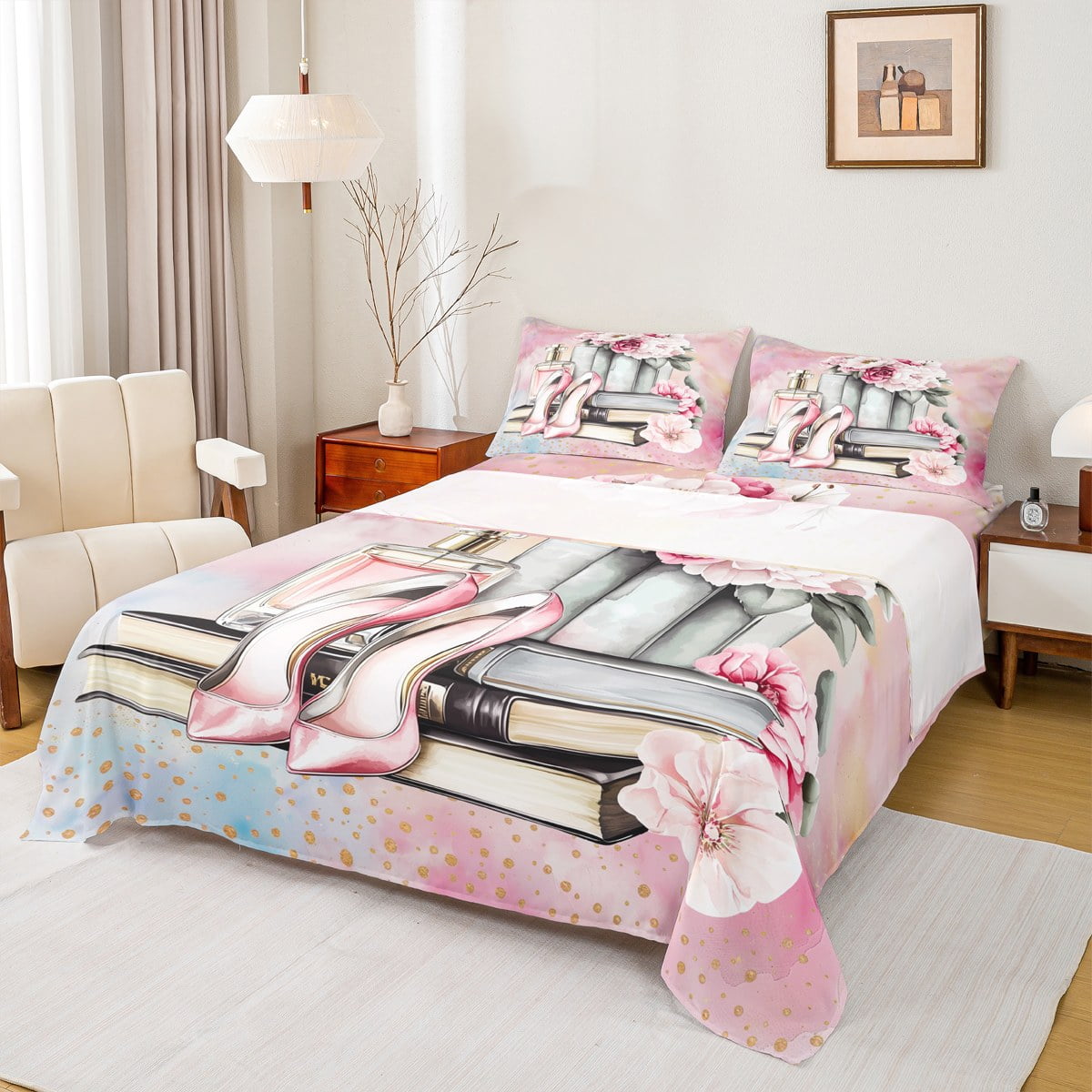Manfei Pink Fashion 4pcs Bed Sheets,Polka Dots King Sheets,Gradient ...