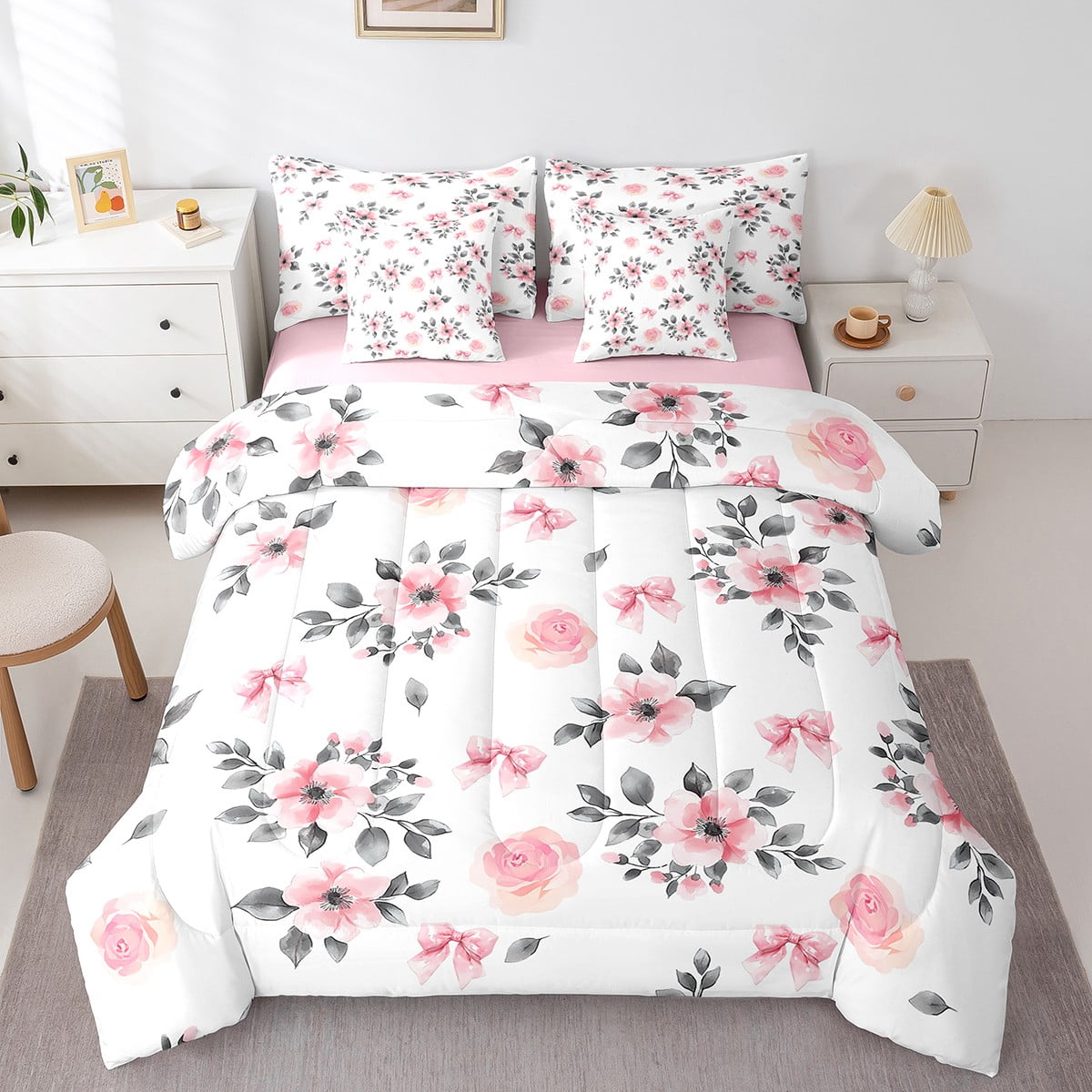 Manfei Pink Flower Bedding Sets Queen Size,Oil Painting Comforter Sets ...