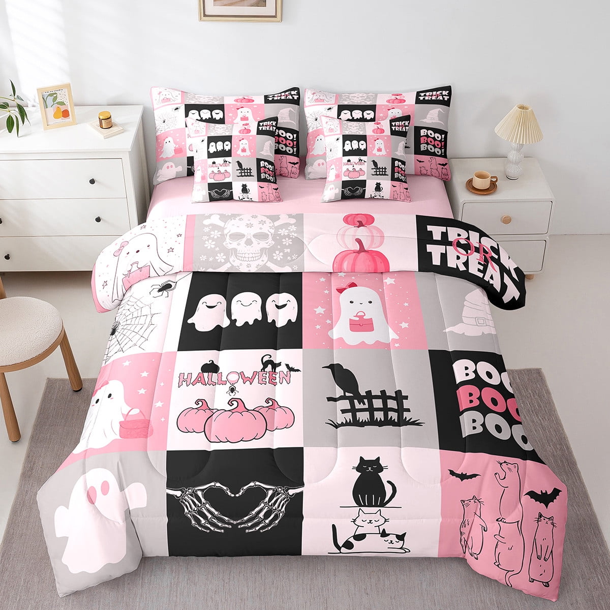 Manfei Pink Ghost Bedding Comforter Set 7 Pieces,Halloween Skull ...