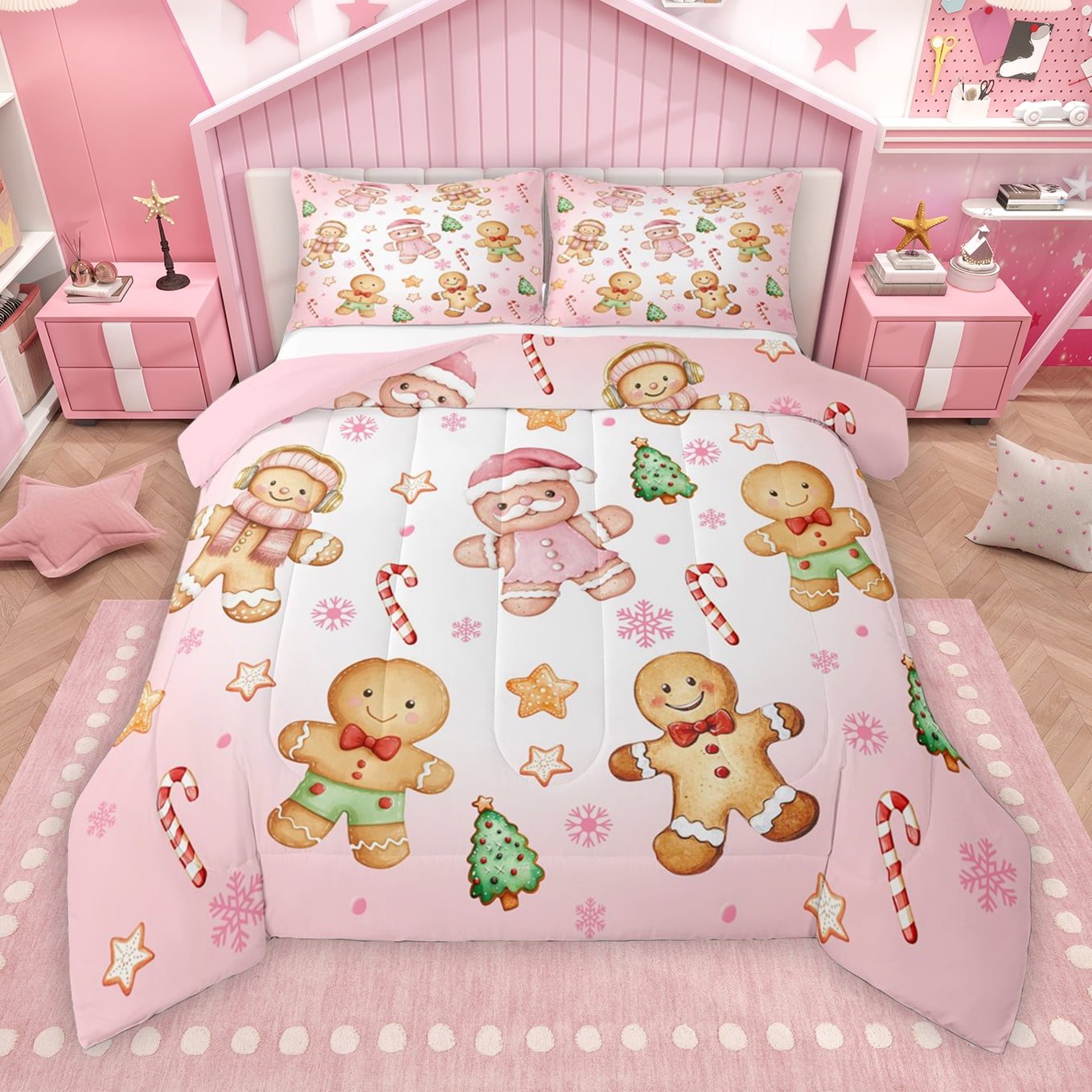 Manfei Pink Gingerbread Man Bedding Comforter Set, Kawaii Christmas ...