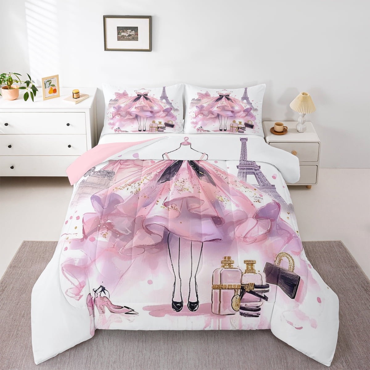 Manfei Pink Girly Dress Full Size Comforter Sets,Romantic Makeup Themed ...