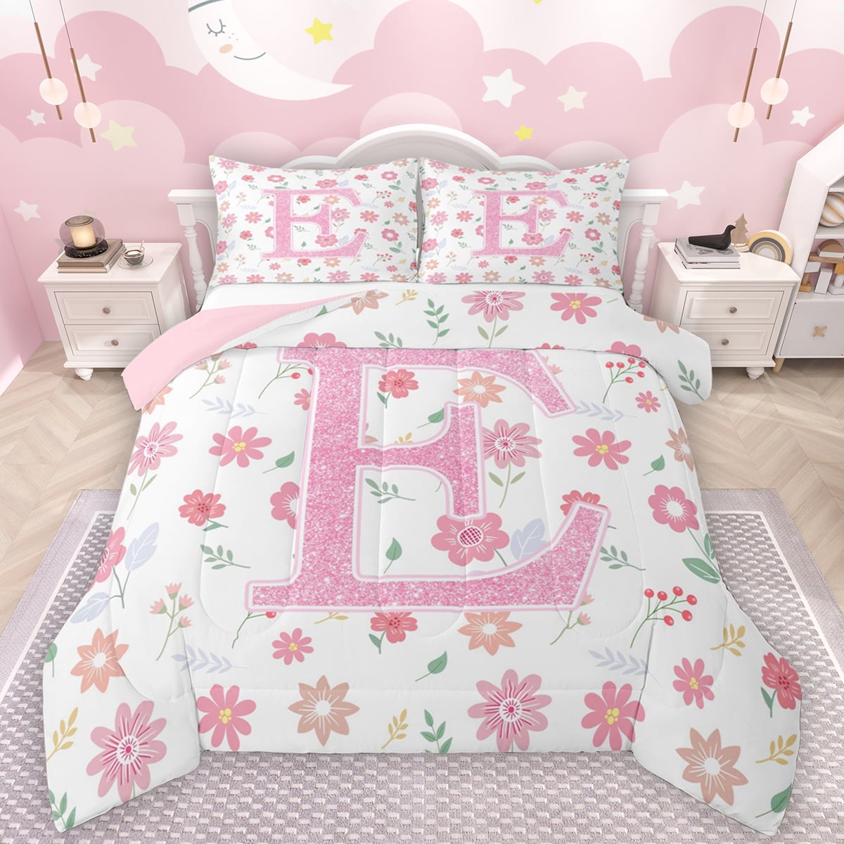 Manfei Pink Glitter Print Bedding Comforter Set,Chic Flower Daisy Twin ...