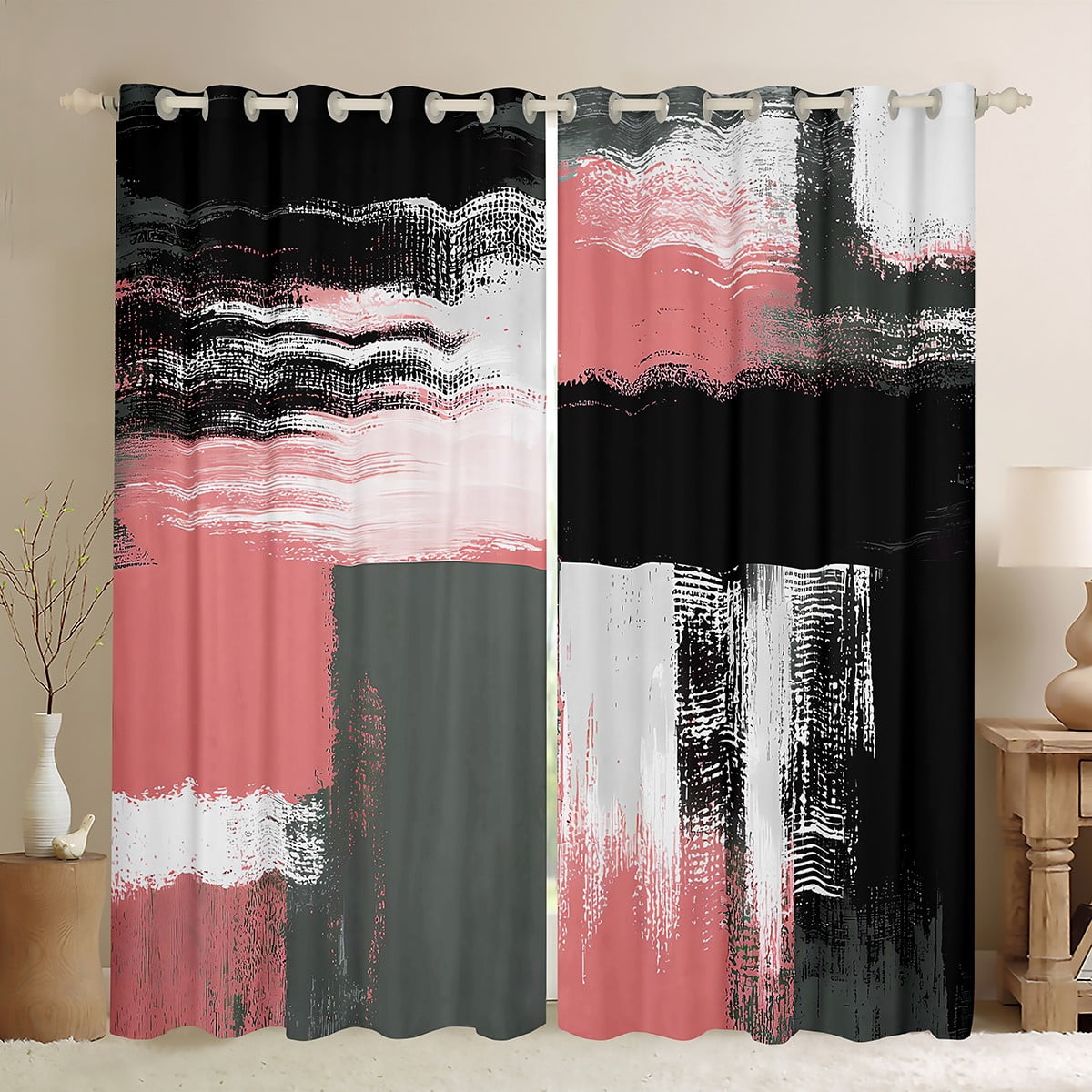 Manfei Pink Grey Abstract Blackout Curtains Set of 2 (52x84 Each), Chic ...