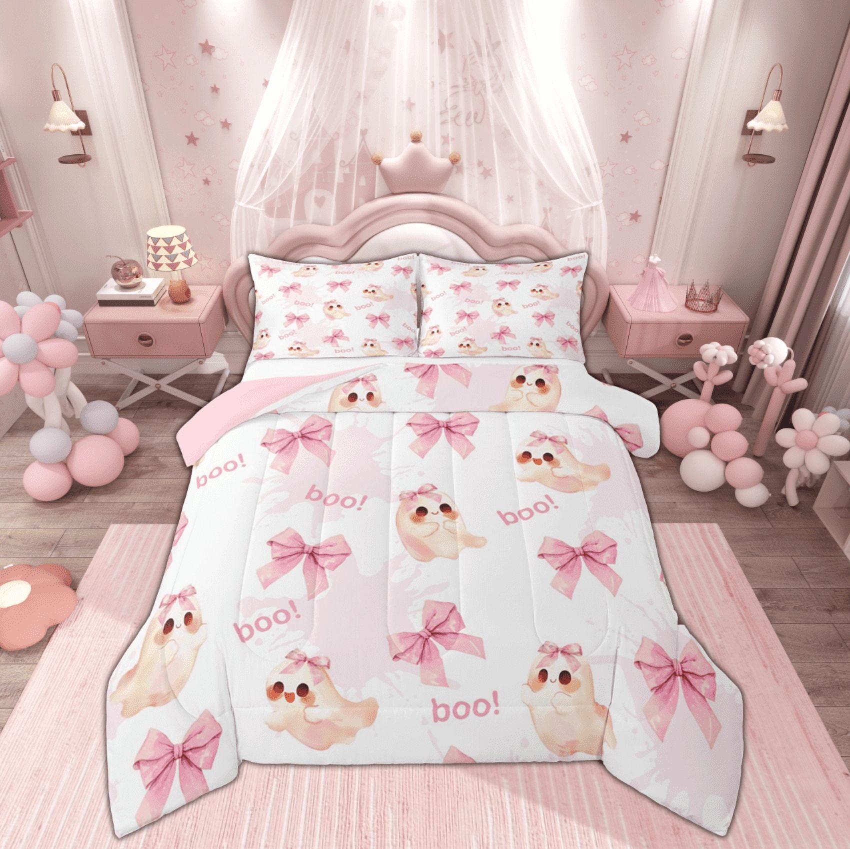 Manfei Pink Halloween Ghost Queen Comforter Set, Cute Princess Bowknot ...
