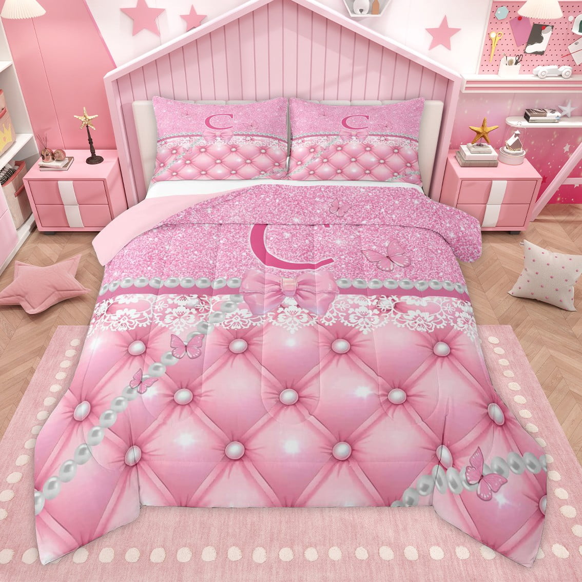 Manfei Pink Initial Alphabet C 3 Pieces Queen Comforter Set,Bling ...