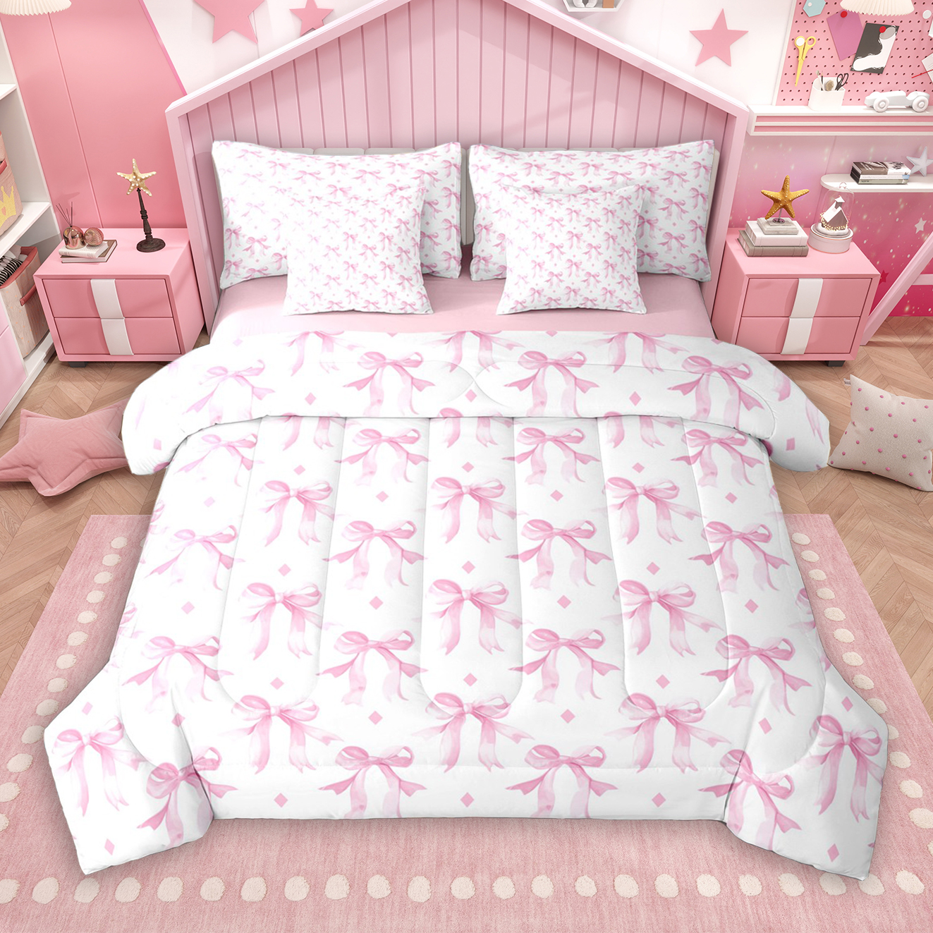 Manfei Pink Kawaii Bow 7-Piece Bedding Comforter Set, Cute Watercolor ...