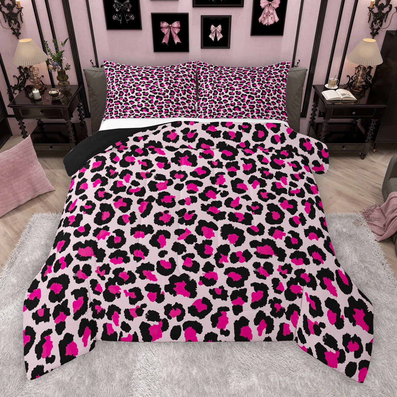 Manfei Pink Leopard Print Full Size Comforter Sets for Female, Fashion ...