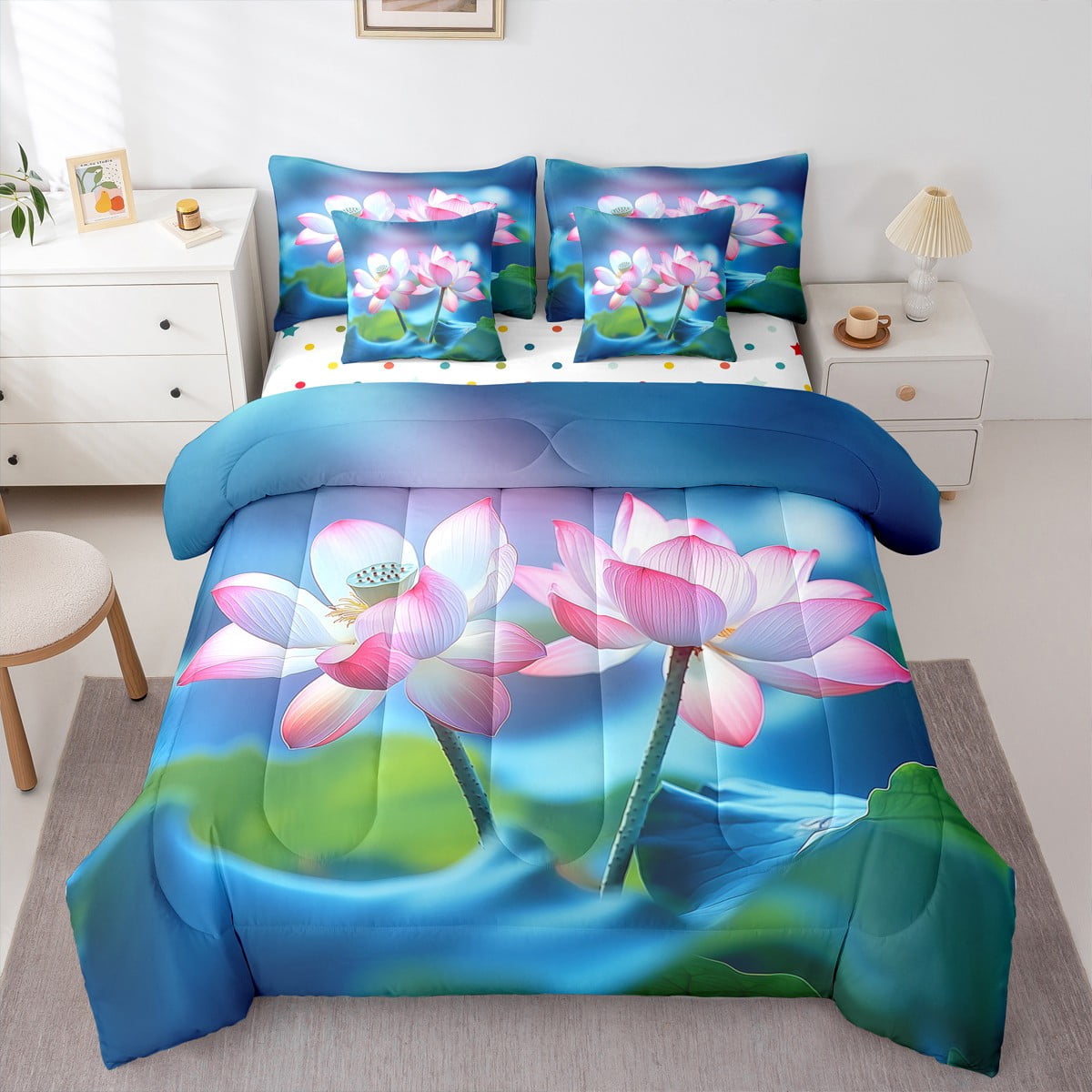 Manfei Pink Lotus Flower Bedding Comforter Set 7pcs, Nature Lake Plant ...