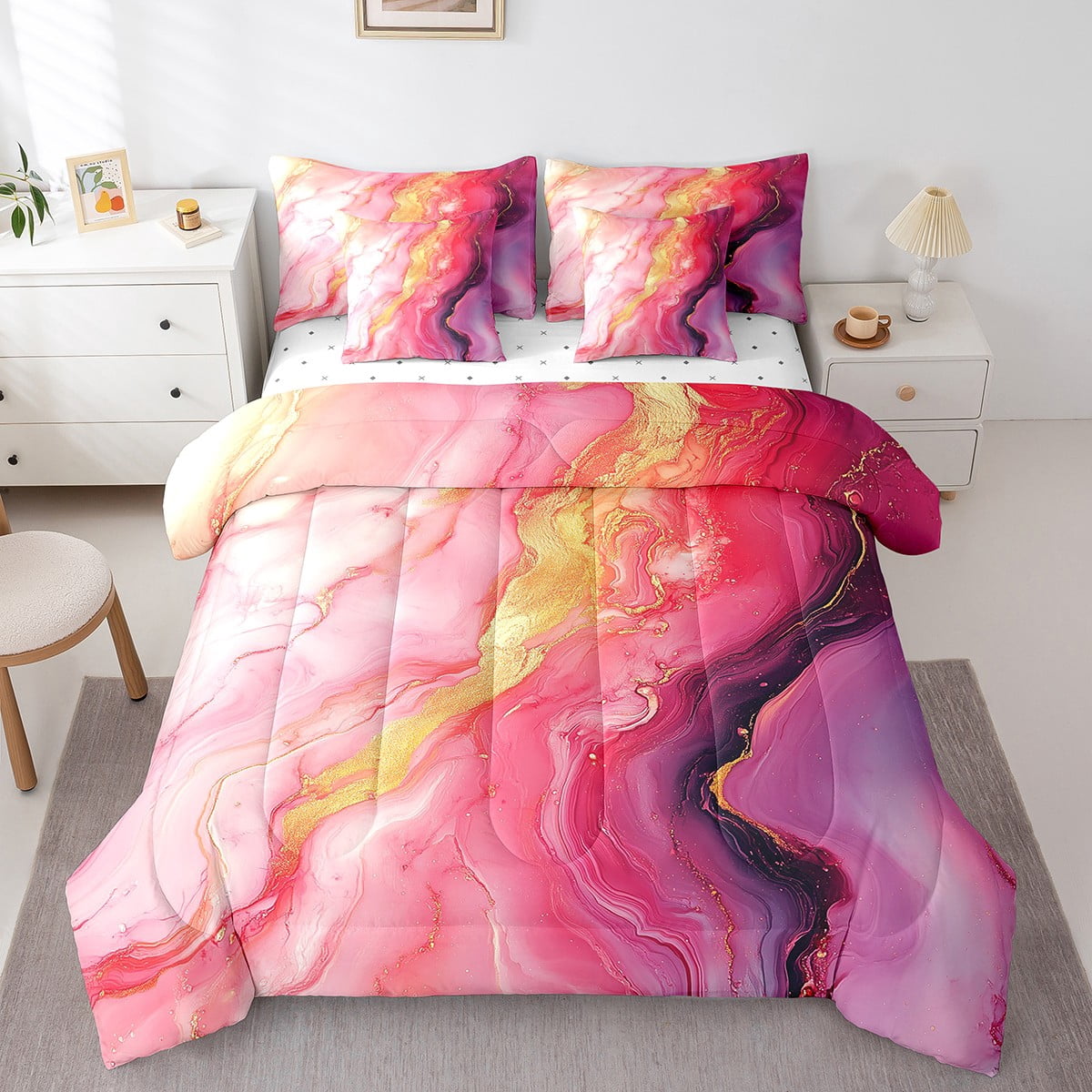 Manfei Pink Marble 7pcs Bedding Comforter Set,Watercolor Art Queen ...