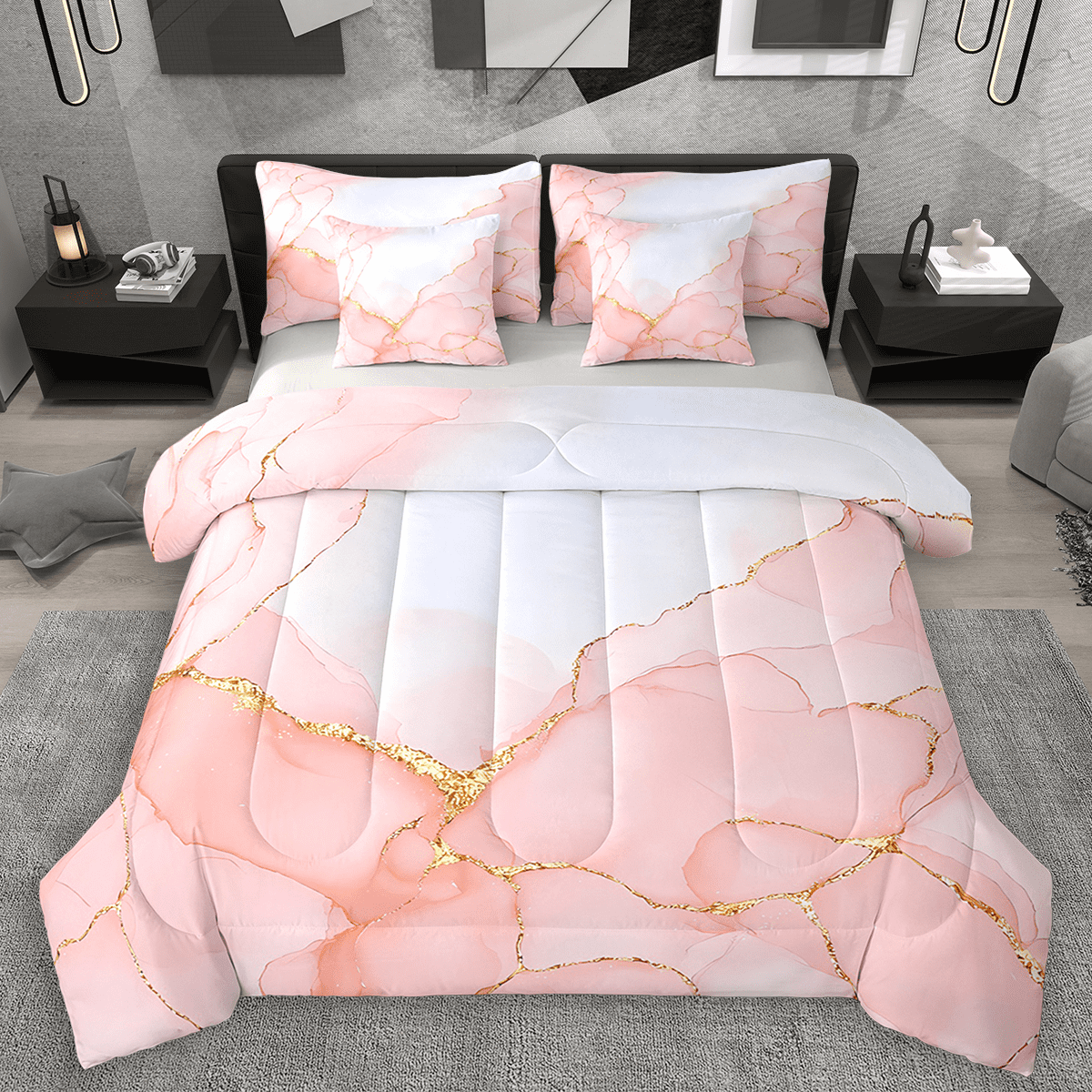 Manfei Pink Marble Bedding Comforter Set 7 Pieces, Abstract Watercolor ...