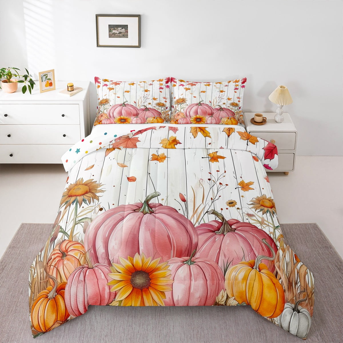 Manfei Pink Orange Pumpkin Bedding Comforter Set,Fall Maples Twin ...
