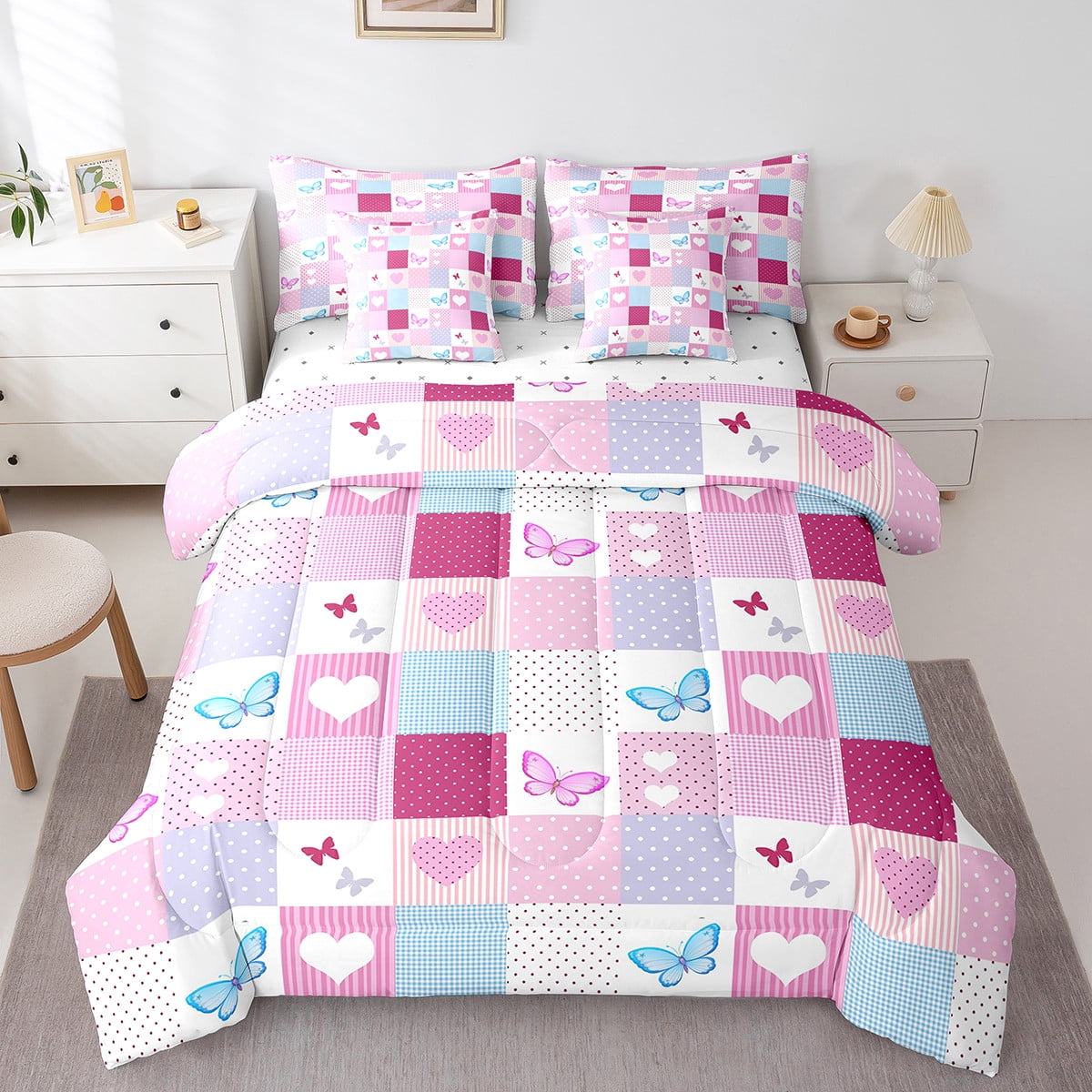 Manfei Pink Patchwork Bedding Sets Twin Size, Cartoon Butterfly Bed in ...