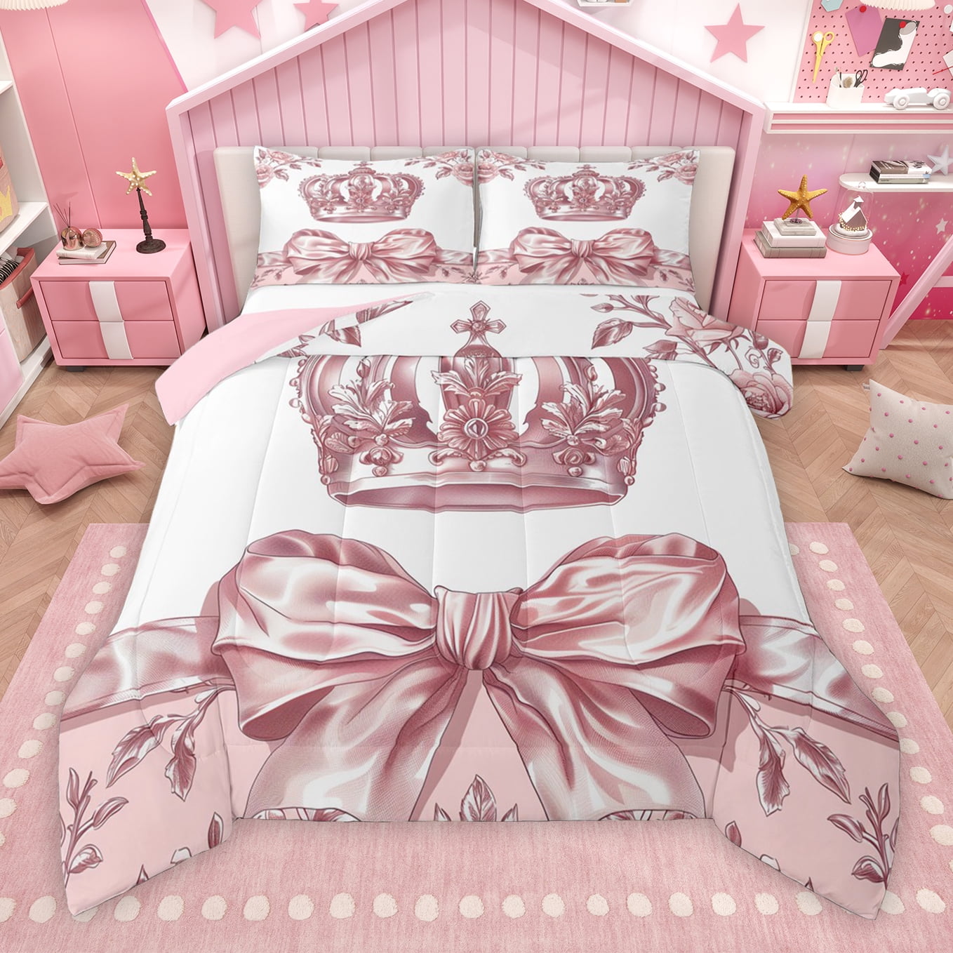 Manfei Pink Princess Crown Bedding Comforter Set for Girls, Vintage ...
