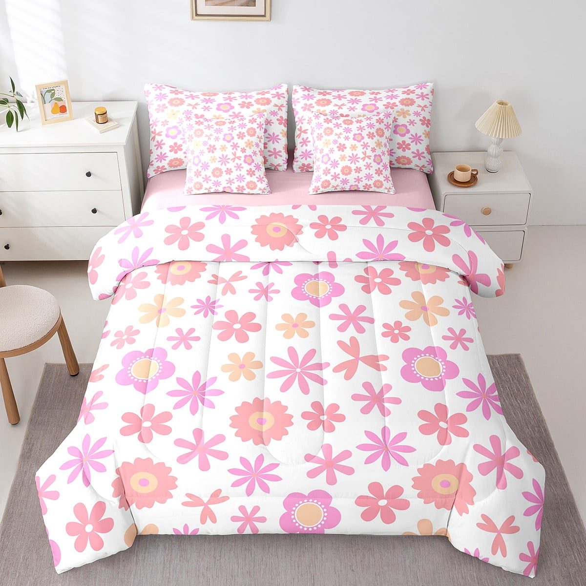 Manfei Pink Purple Daisy Bedding Comforter Set 7-Piece,Flower Floral Queen Bedding Sets,Cartoon ...