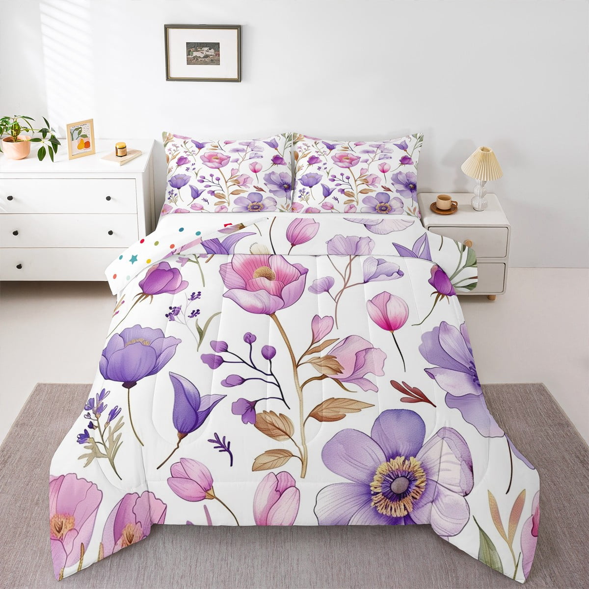 Manfei Pink Purple Floral Queen Comforter Set,Rustic Flower Bedding ...