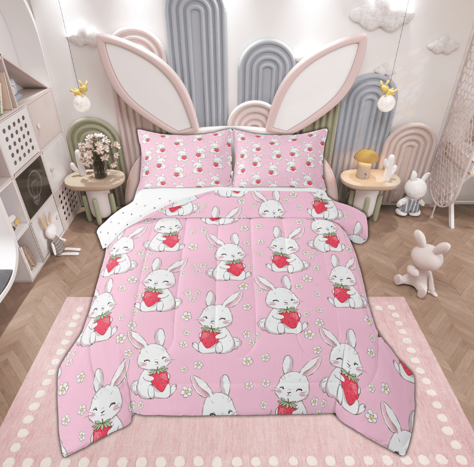 Feelyou Pink Rabbit Queen Comforter Set, Cartoon Strawberry Bunnies ...