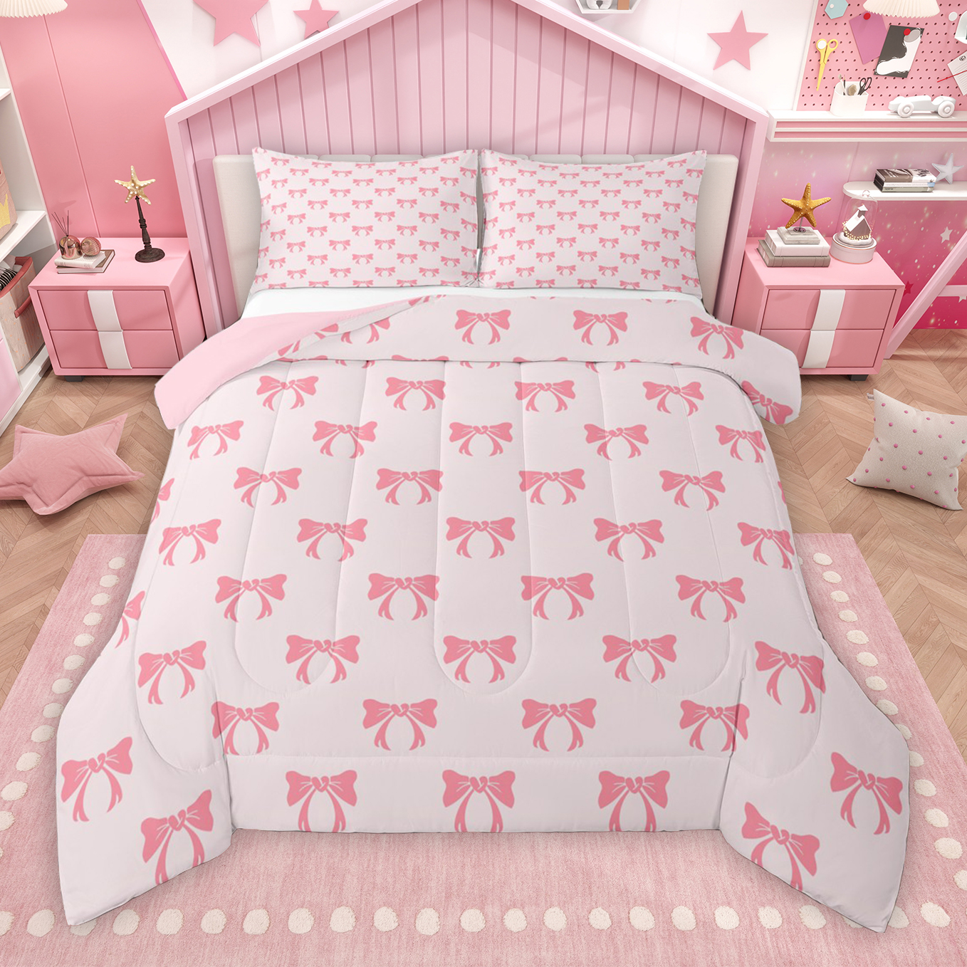 Manfei Pink Ribbon Bow Full Size Comforter Sets for Girls, Kawaii ...