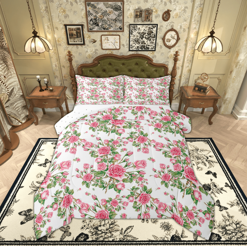 Manfei Pink Rose Bedding Twin Comforter Set, Vintage Floral Flower ...