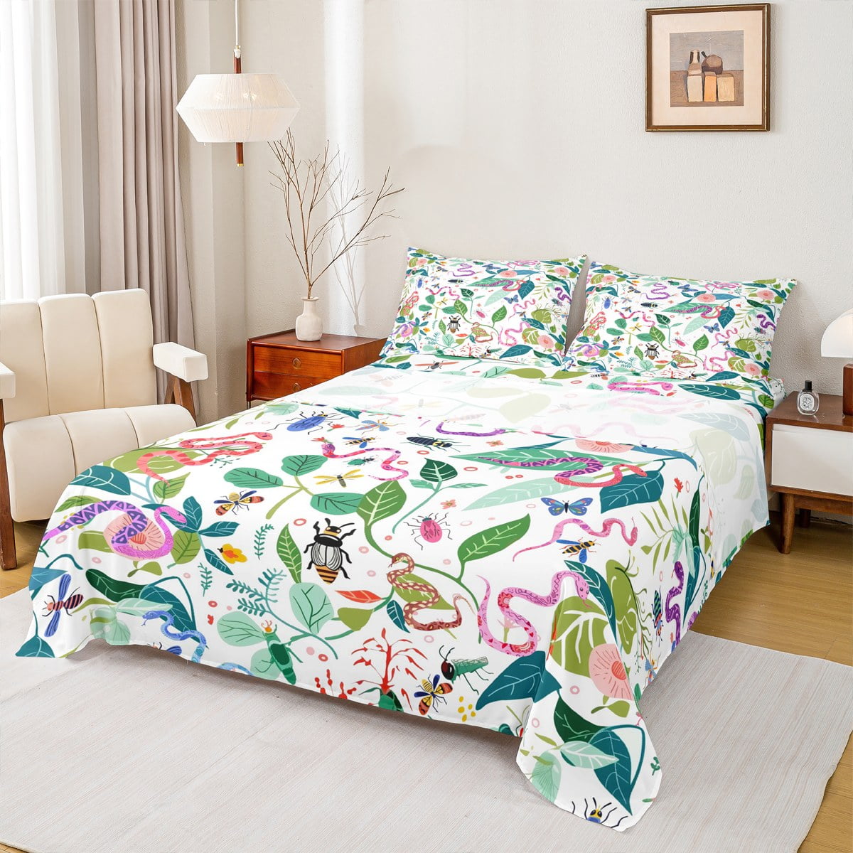 Manfei Pink Snake Bed Sheets,Rainforst Plant Leaves King Sheets,Wild ...