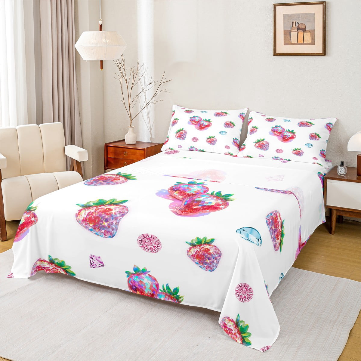 Manfei Pink Strawberry 4pcs Bed Sheets,Sparkling Crystal King Sheets ...
